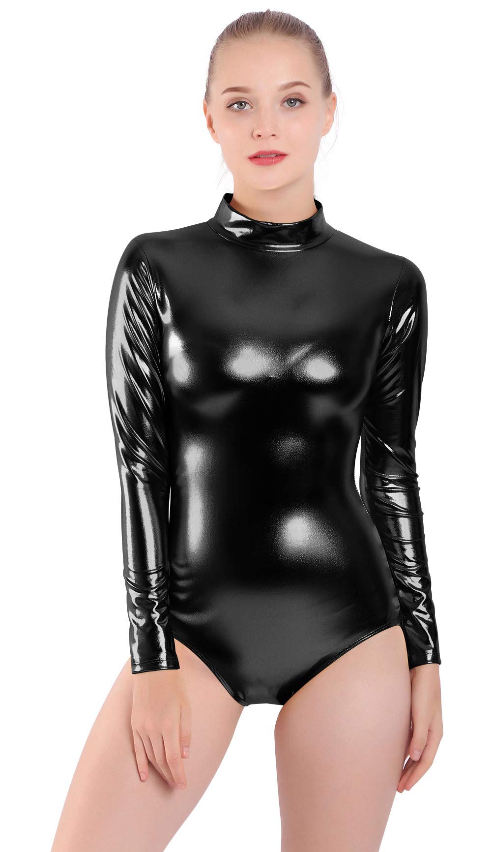 Javly Long Sleeve Metallic Bodysuit Women Shiny Dance Leotard Turtleneck Latex Bodysuit