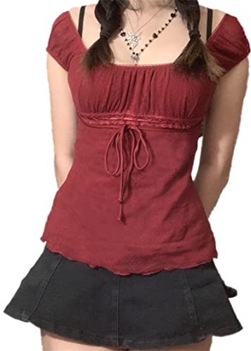 Women Lace Patchwork Crop Top Y2k Fairycore Aesthetic Tank Top Vintage Long Sleeve Fairy Grunge Shirt Streetwear (Red-017A, S)