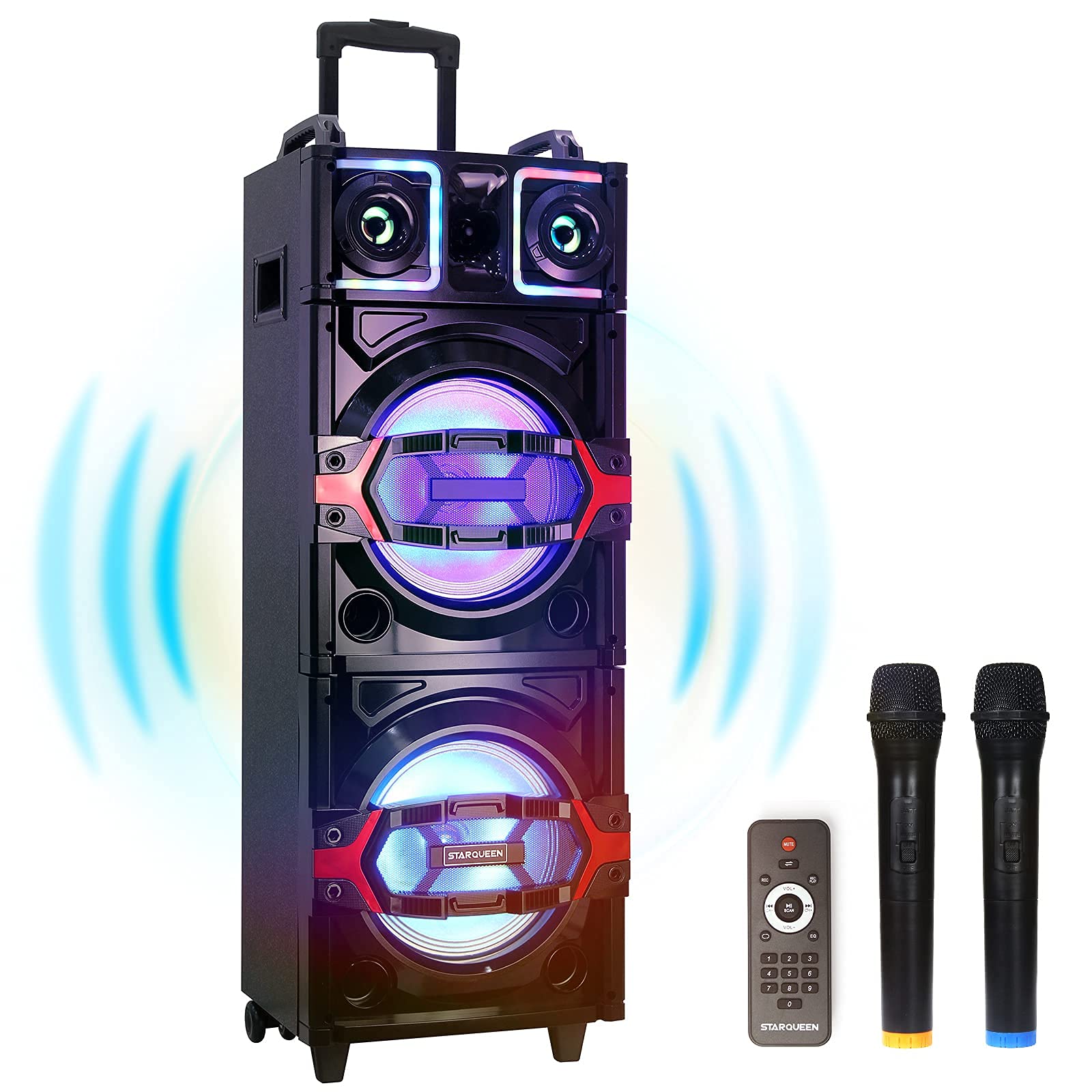 Karaoke Machine Pa System Portable Karaoke Speaker for Adults and Kids with Dual 10" Woofer, 2 Wireless Mics/DJ Lights/LCD Screen/Recording/MP3/USB/SD/TF Bluetooth