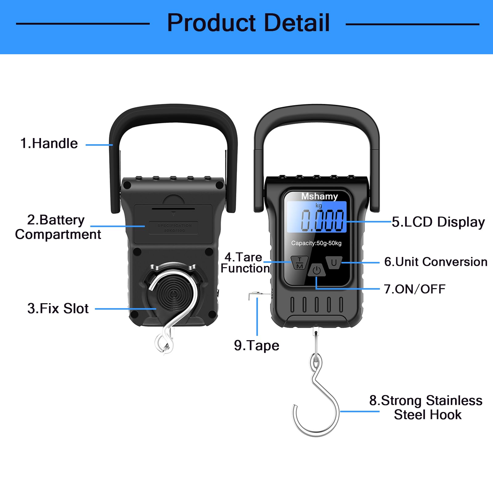 Mshamy Luggage Scale110lbs/50kg Digital Fishing Scale with Backlit LCD Display, Hanging Scale with Portable Large Handle Measuring Tape, Suitcase Scale for Travel Include 2 AAA Batteries