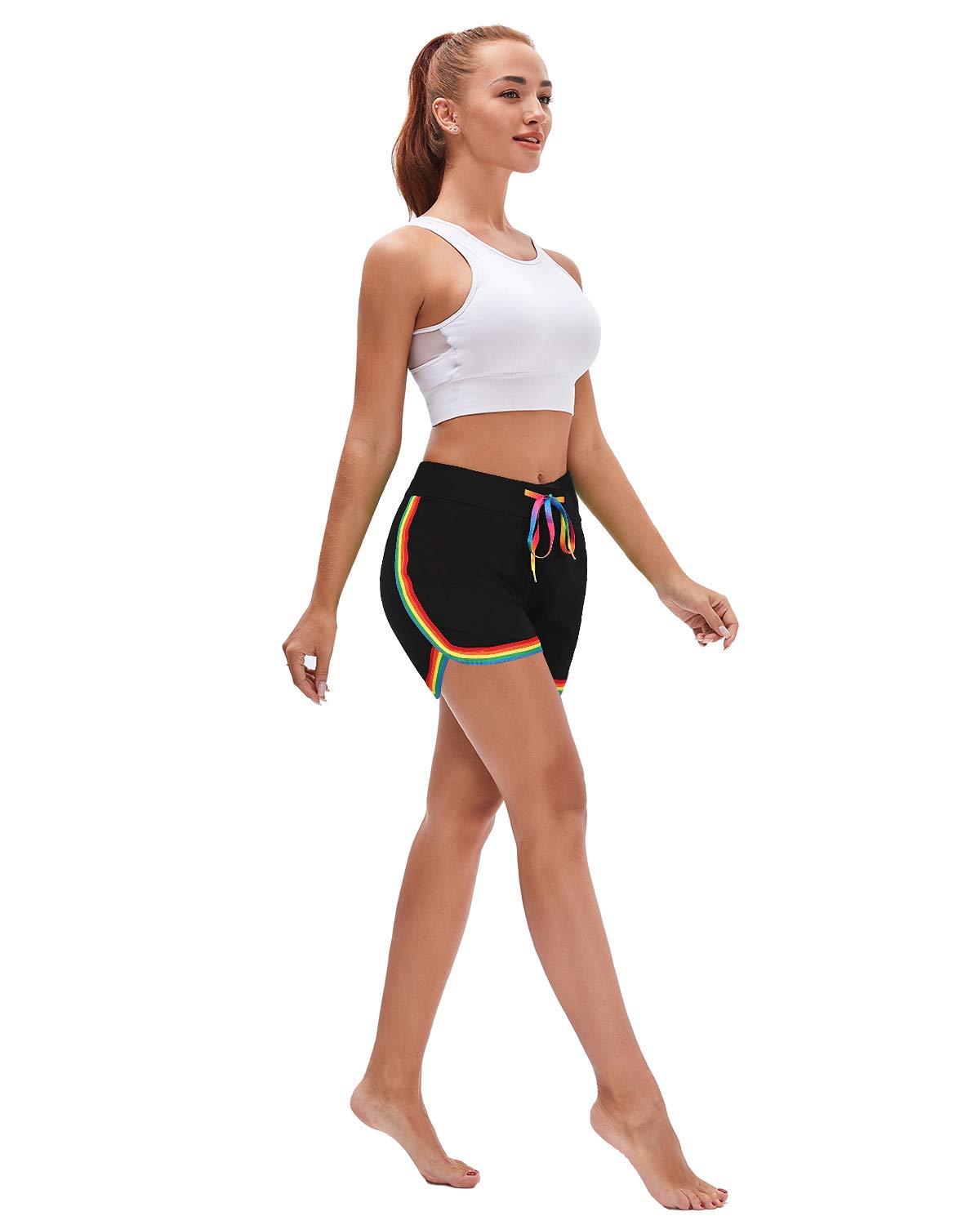 Little Beauty Women's Yoga Elastic Waist Running Athletic Shorts (Rainbow Black, Small)