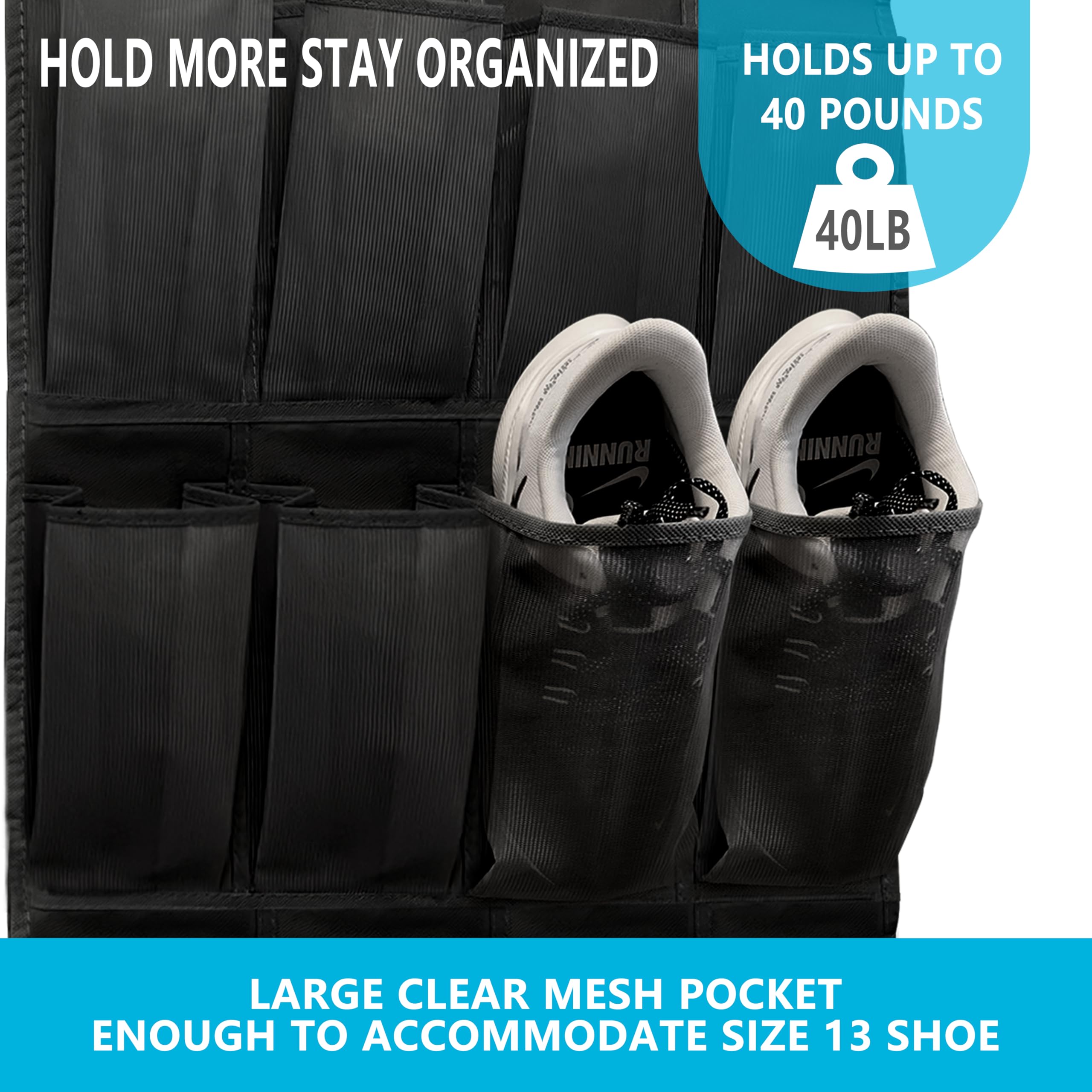WANLD Space Saving Mesh 24 Pocket Shoe Organizer - Resistant, Breathable Closet Storage,Up to 40 Pounds, Over the Door, Sneakers. (Black, Pack of 1)