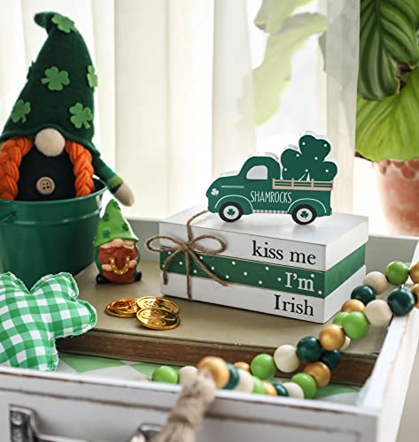 St. Patrick's Day Tiered Tray Decor, 1 St. Patrick's Wood Book Stack, 1 Bead Garland, I’m Irish Shamrock Mini Faux Decorative Books Bundle, Farmhouse St. Patrick's Party Table Mantle Decor
