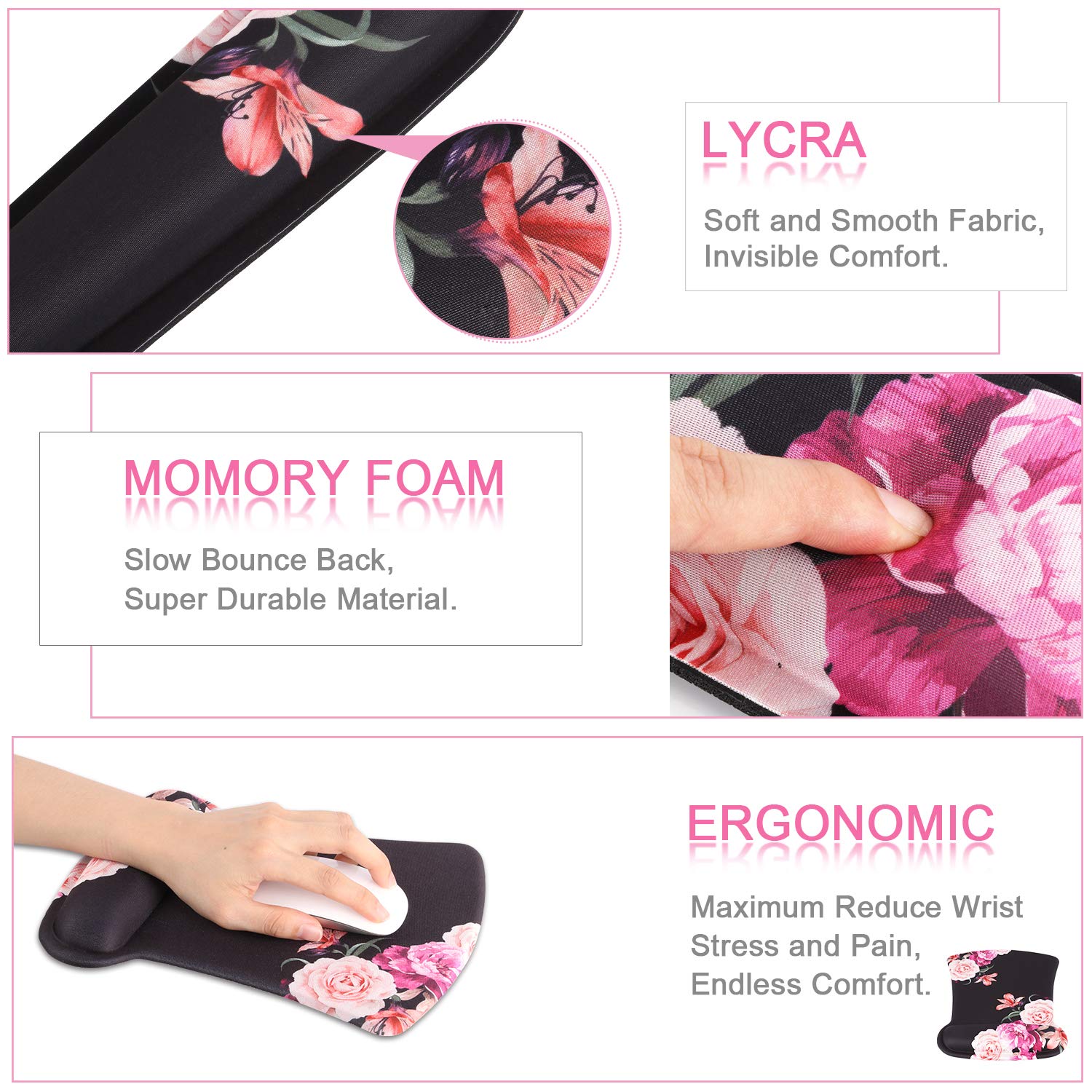 iLeadon Keyboard Wrist Rest Pad and Mouse Pad Wrist Support, Non Slip Rubber Base Mousepad Set, Mouse Wrist Rest with Ergonomic Raised Memory Foam for Easy Typing & Pain Relief, Adorable Peony Flower