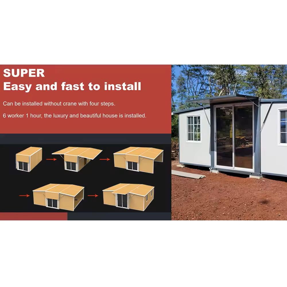 Weatherproof, Wind Resistant, Anti-Corrosion Tiny Expandable Prefab House to Live in 1 Bathroom, 3 Bedrooms & 1 Kitchen- for Small Family, Modular Guest House β 20 FT 3 in 1 Tiny Backyard House