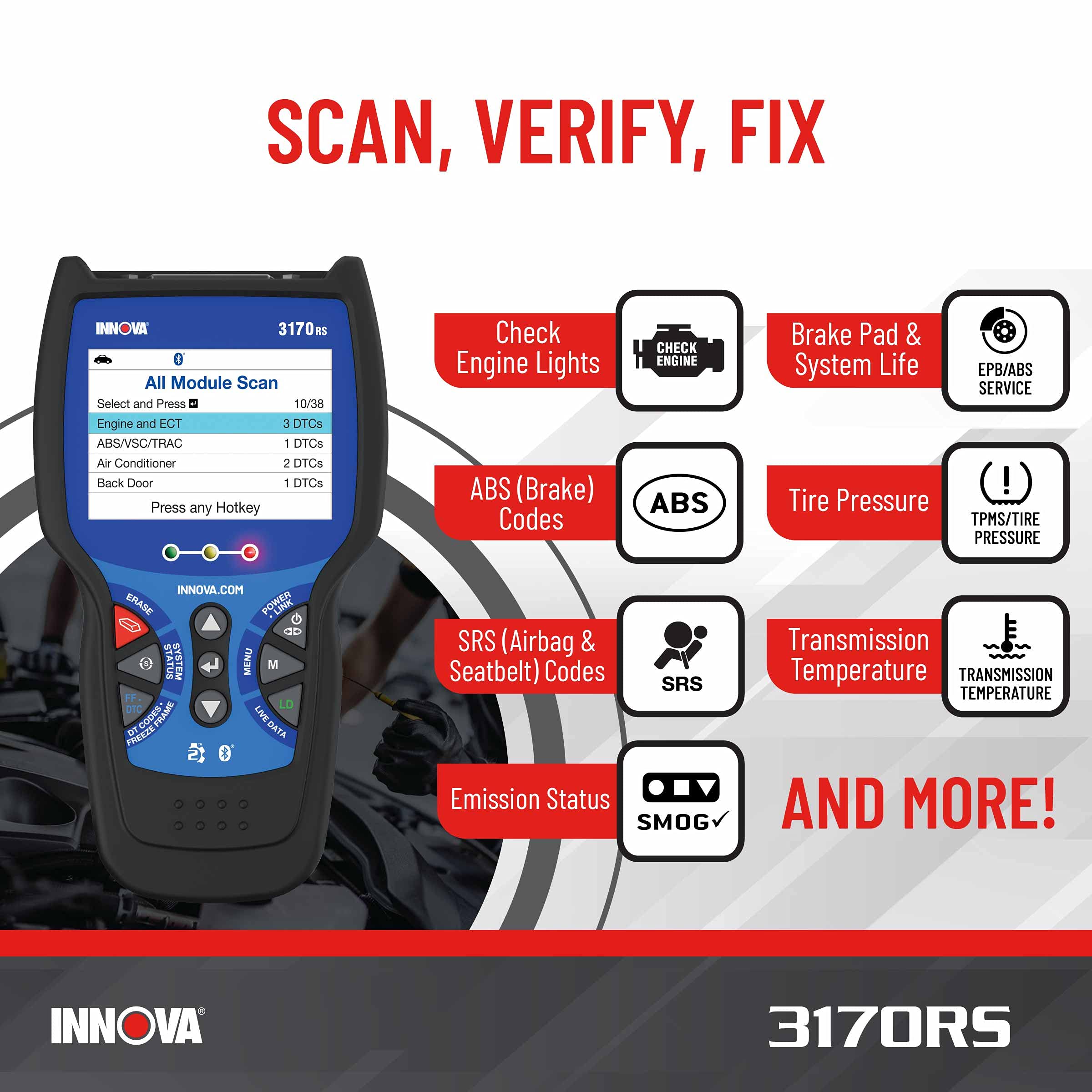 INNOVA 3170RS OBD1 & OBD2 Scanner, ABS Bleeder Scan Tool, OBD2 Diagnostic, Caliper Service, Brake Pad Life, Read/Erase ABS/SRS Codes, Reset Oil Light, Live Data, Free Updates