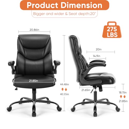 Sweetcrispy Home Office Chair, Ergonomic High Back Heavy Duty Task Chair with Flip-up Arms, PU Leather, Adjustable Swivel Rolling Chair with Wheels, Black