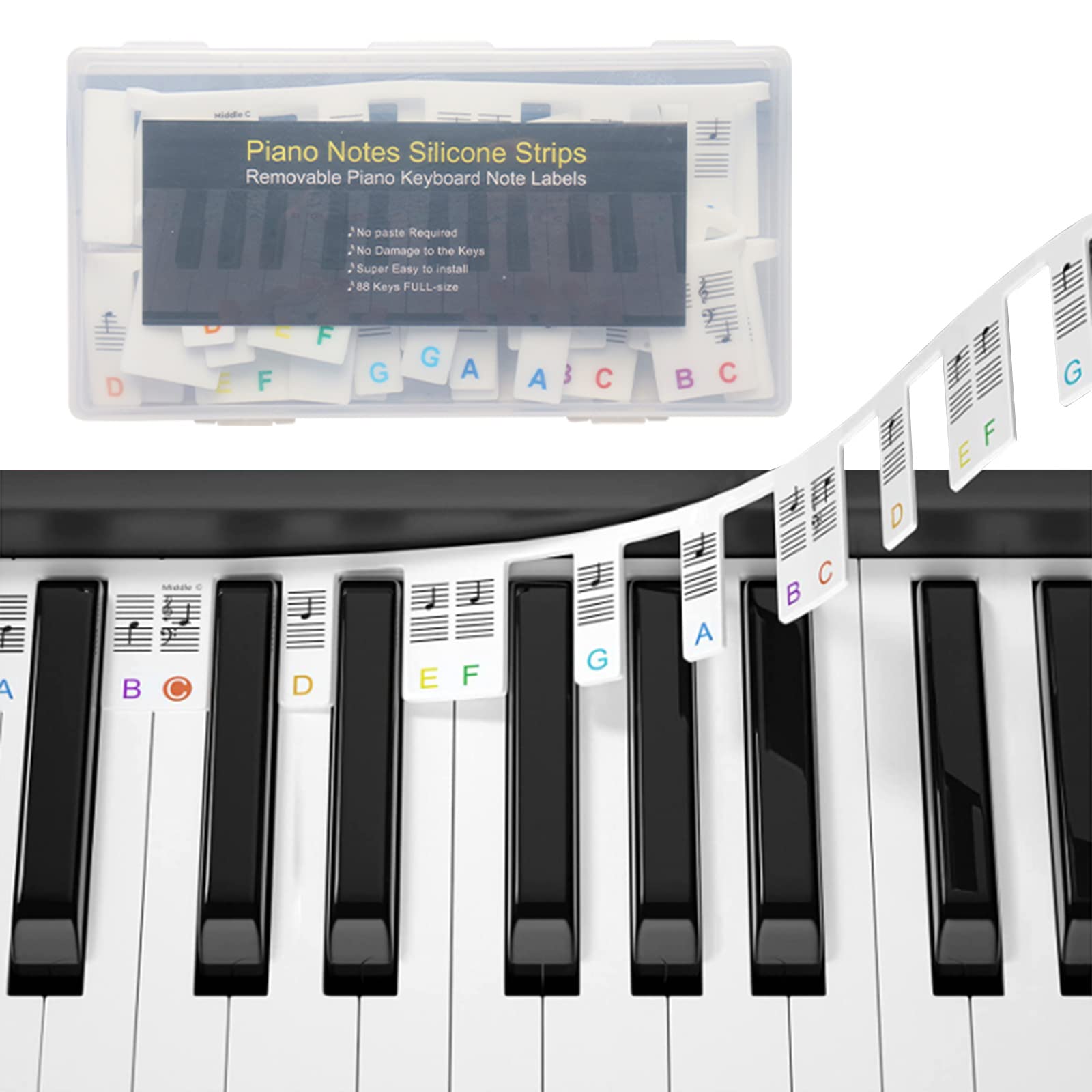Removable Piano Keyboard Note Labels, 2 in 1 Silicone Piano Keyboard Stickers for Beginners Kids Learning, Full Size Keyboard 88 Keys, Double Staff Display Comes with Box