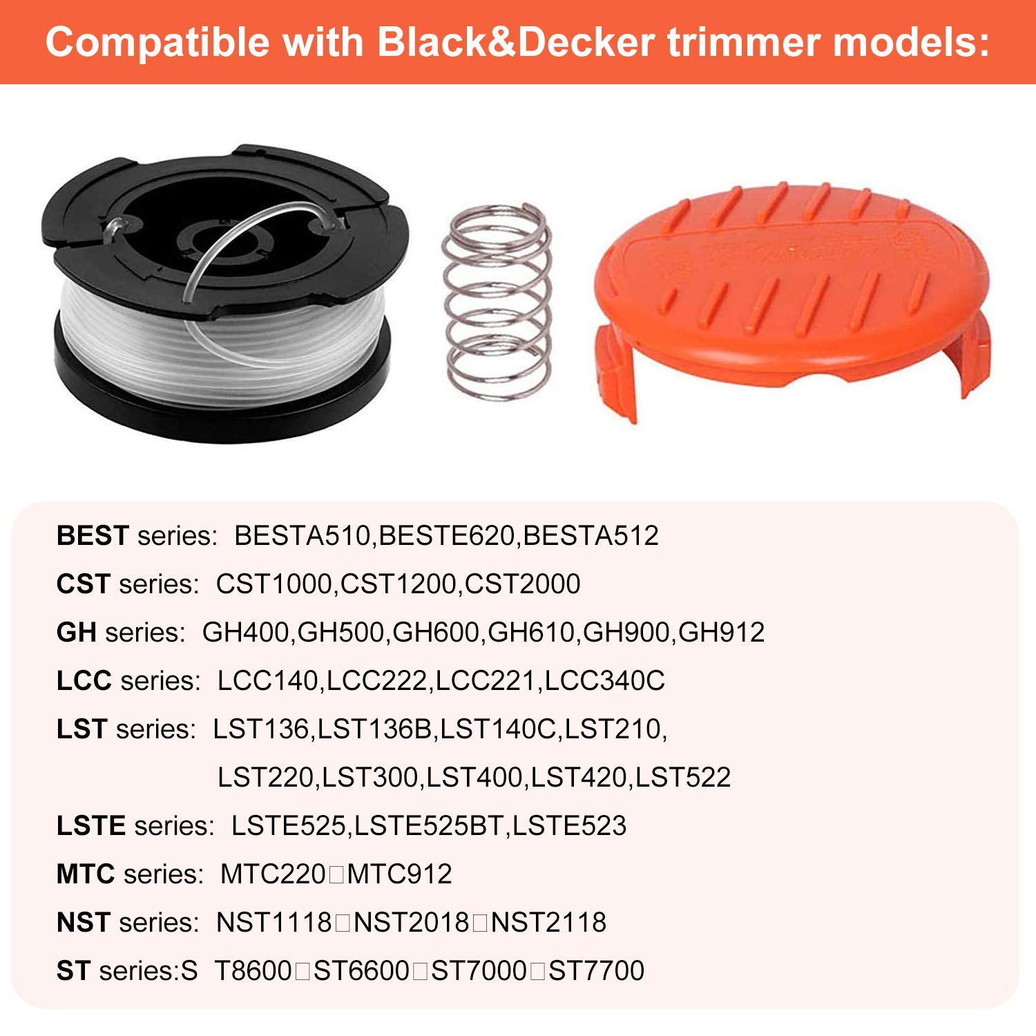LesinaVac Weed Eater Spool Replacement Parts for Black and Decker AF-100 with String Trimmer Spool Refills Line 30ft 0.065", 12 Replacement Spools, 2 Spool Cap& Spring