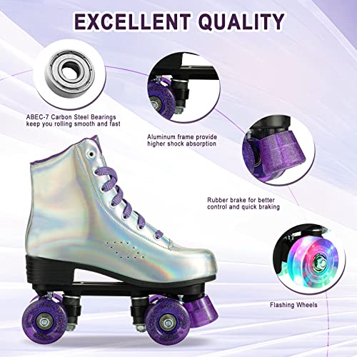 YYW Roller Skate for Women Men Light up Wheel - Double Roller Skater High-top PU Leather Roller Skate Shoes Adjustable PU Roller Skates with Four Piles for Adult Girls Beginners