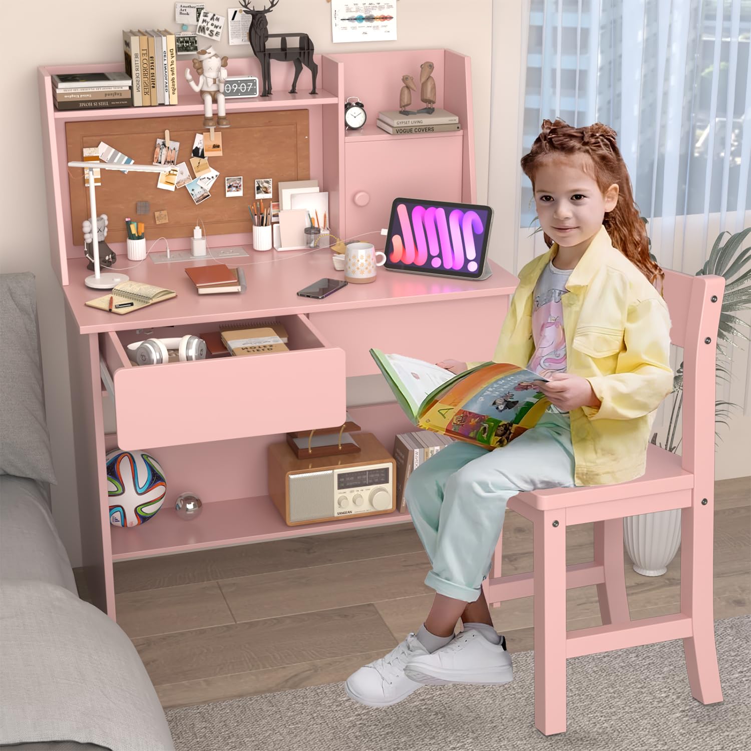 SFDOU Pink Kids Desk and Chair Set for 5-12 Year Old, Childrens Computer Desk with Drawers and Storage Shelf, Kids Study Table with Charging Station