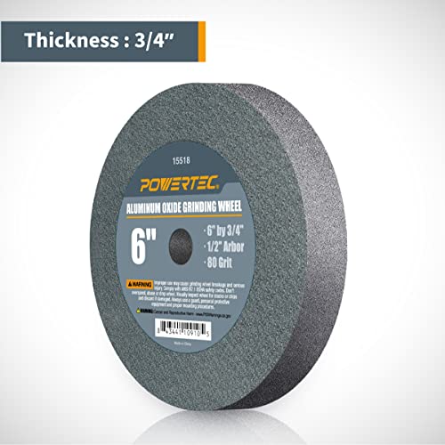 POWERTEC 15518 Bench and Pedestal Grinding Wheels, 6 Inch x 3/4 Inch, 1/2 Arbor, 80 Grit, Aluminum Oxide Bench Grinder Wheel for Bench Grinder, 1 Pack