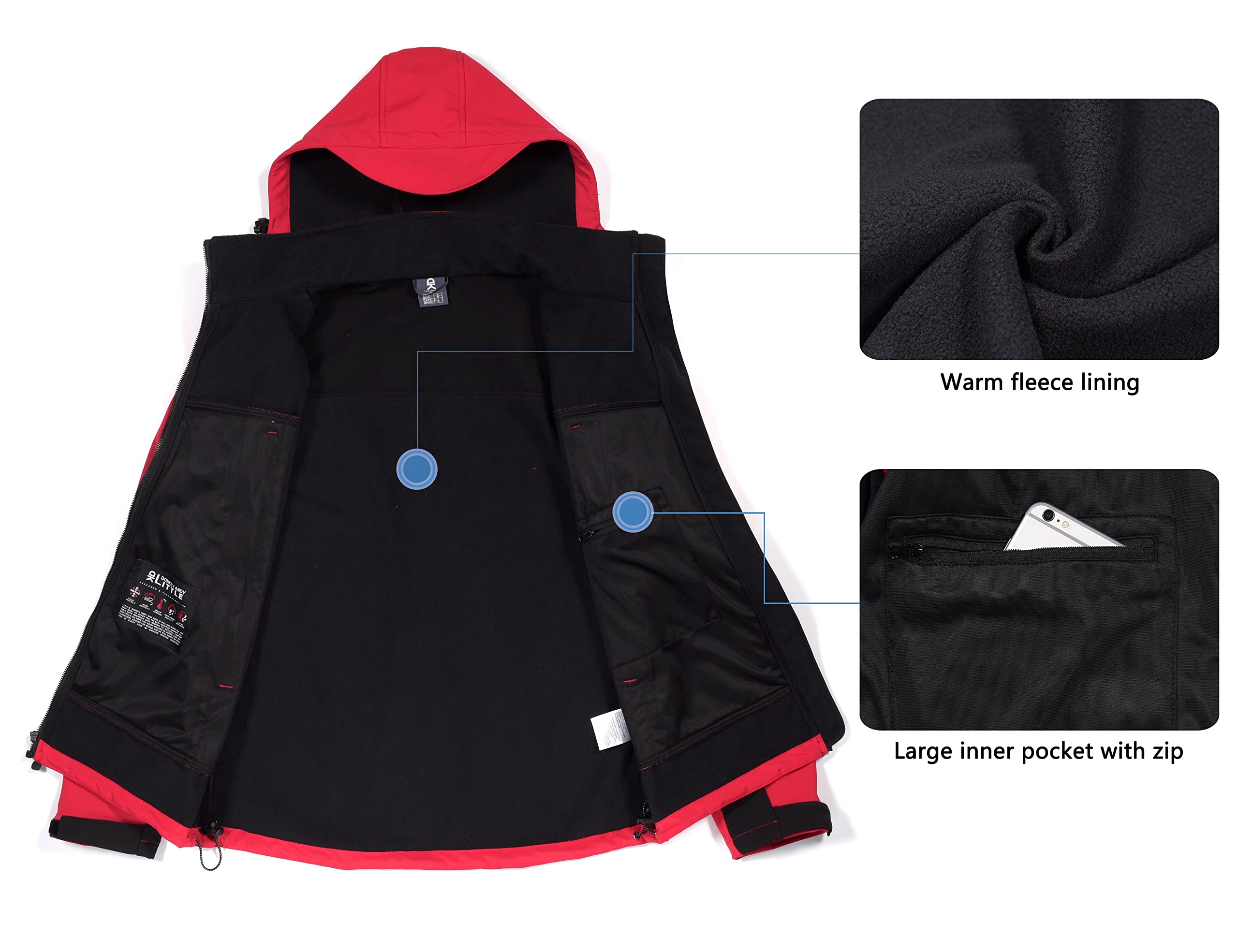 Little Donkey Andy Men's Waterproof Softshell Jacket with Detachable Sleeves and Hood, Fleece Mountain Ski Snow Rain Coat Red Size L