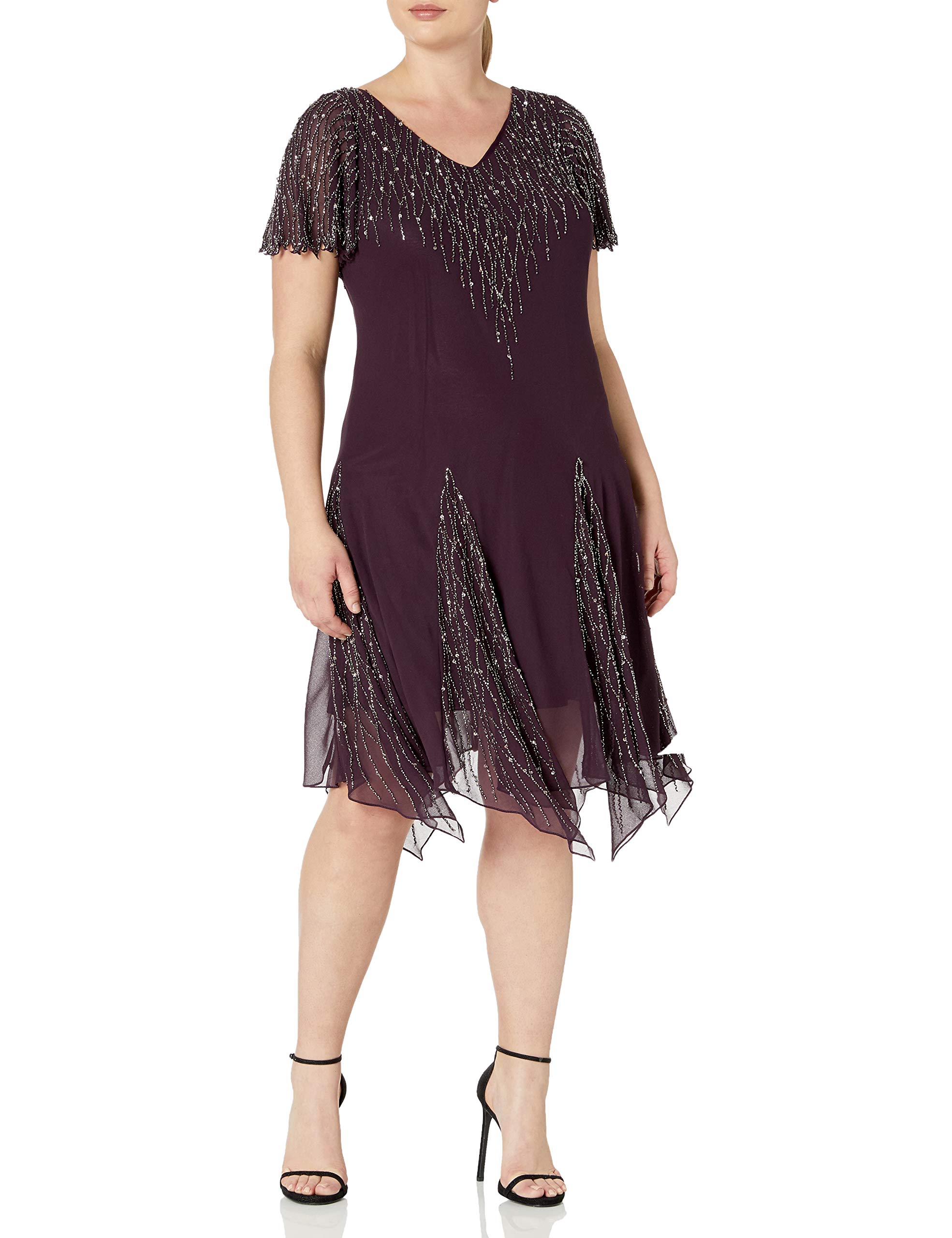 J Kara Women's Plus Size Short Beaded Godet Dress, Wine/Mercury, 20W