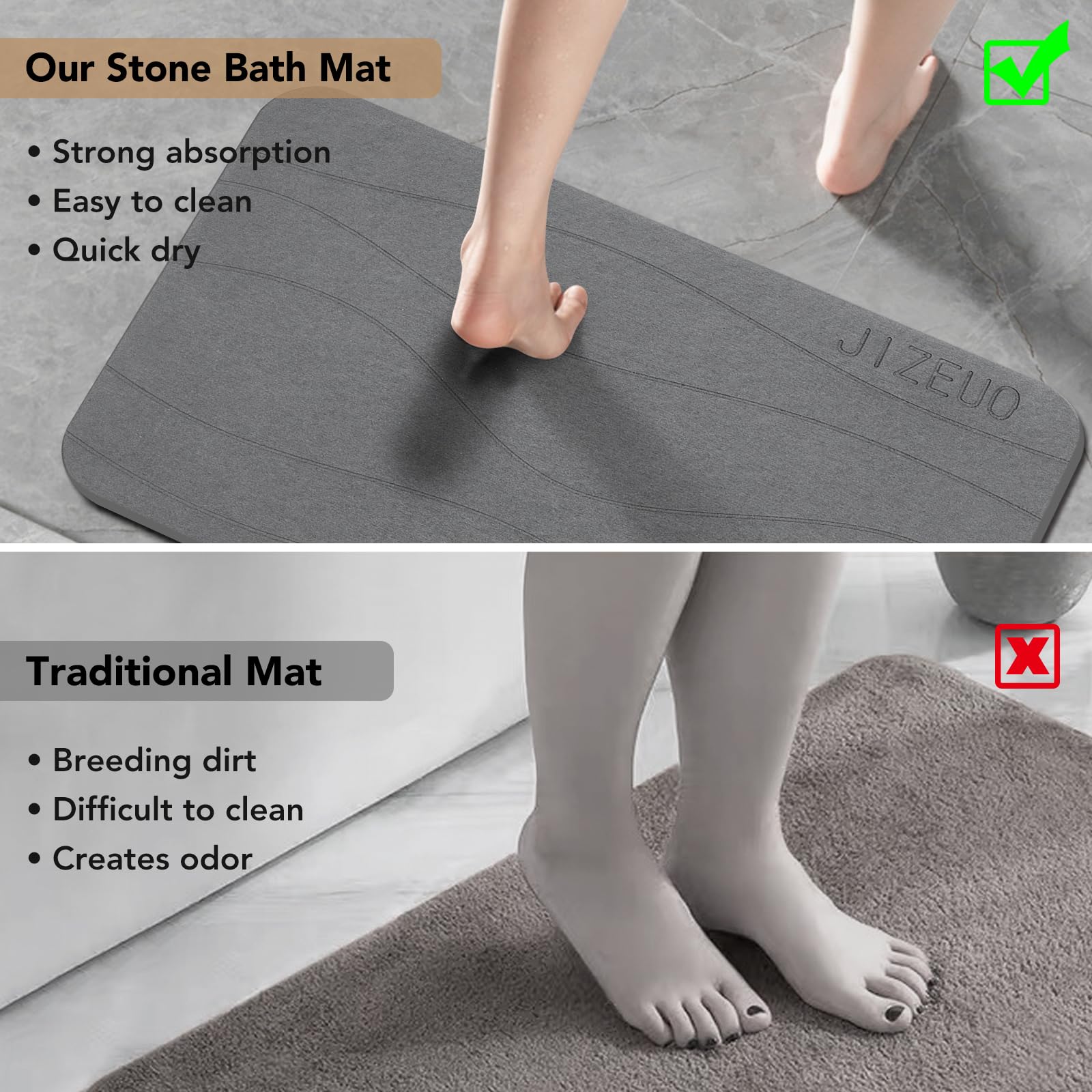 JIZEUO Stone Bath Mat, Diatomaceous Earth Shower Mat, Non-Slip Super Absorbent Quick Drying Bathroom Floor Mat,2 Pack, Grey