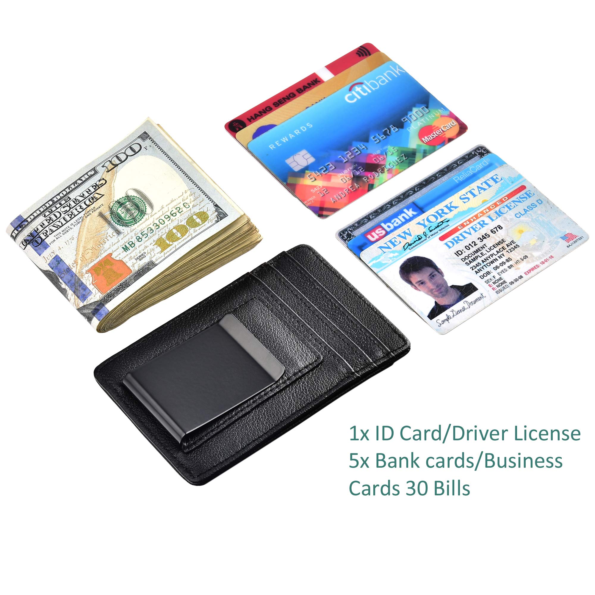 kinzd Money Clip Carbon Fiber RFID Blocking Front Pocket Leather ID Credit Card Holder Wallet for Men Black