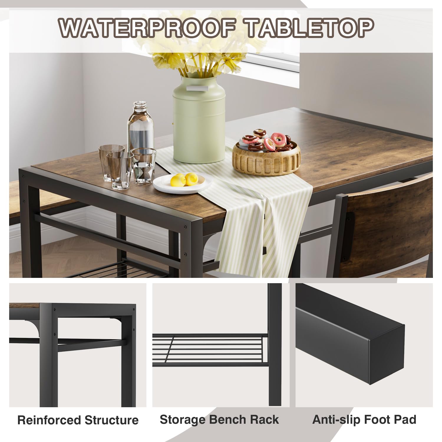 Shahoo Kitchen Table and 2 Chairs for 4 with Bench, 4 Piece Dining Sets for Small Space, Brown