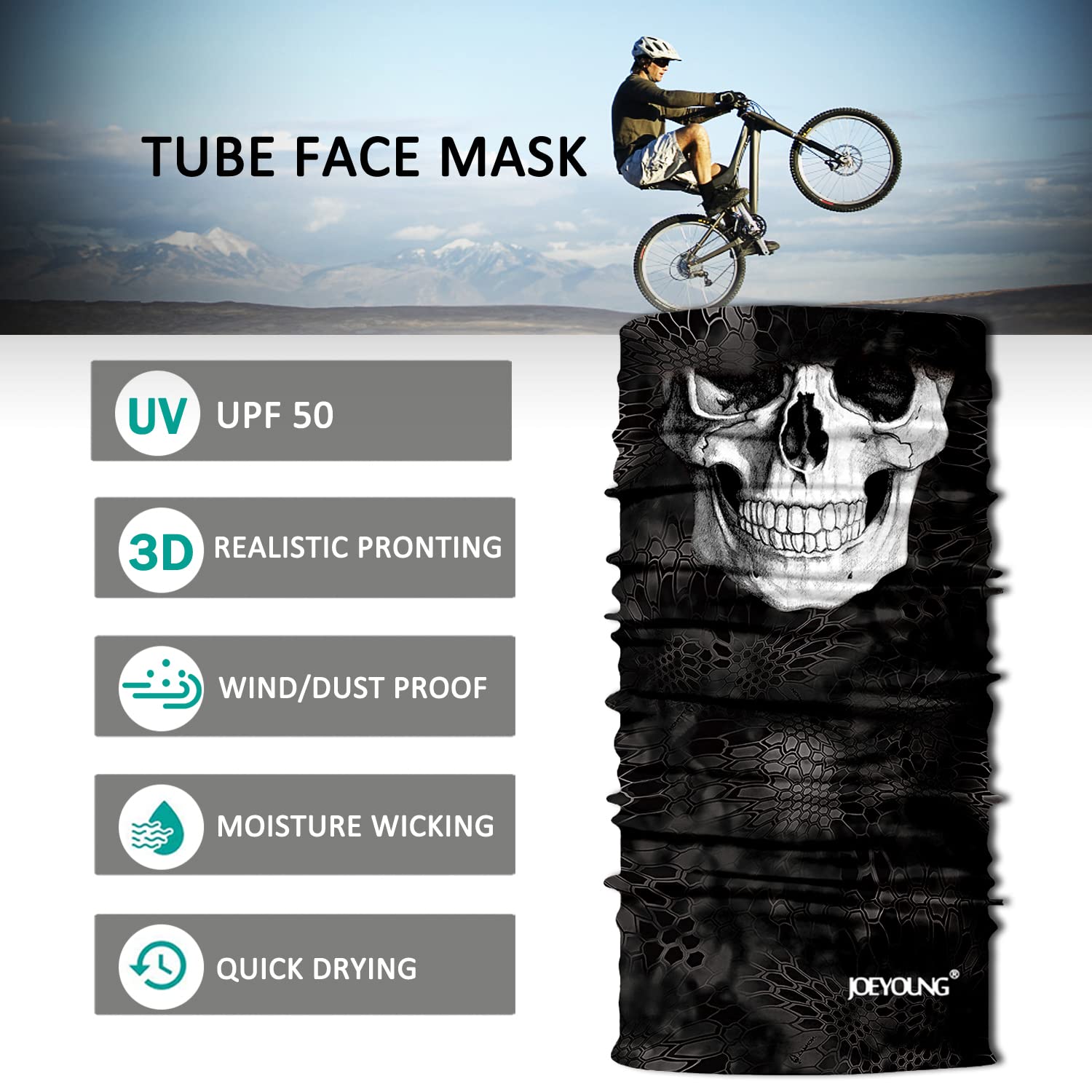 JOEYOUNG Skull Face Mask UV Sun Dust Neck Gaiter Bandana Headwear Motorcycle