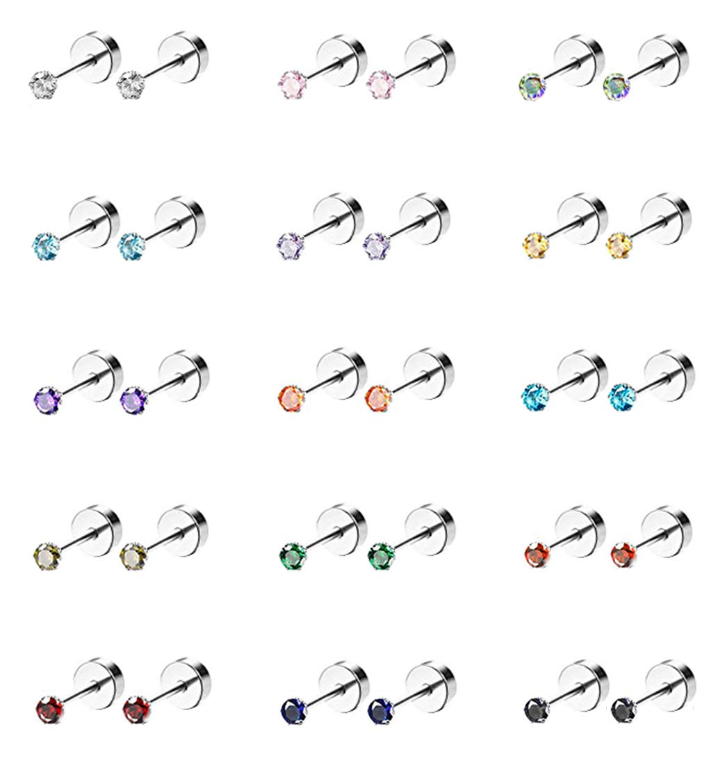 Masedy 15 Pairs 20G 316L Stainless Steel CZ Stud Earrings for Women Men Cartilage Screwback Earring Set 2mm