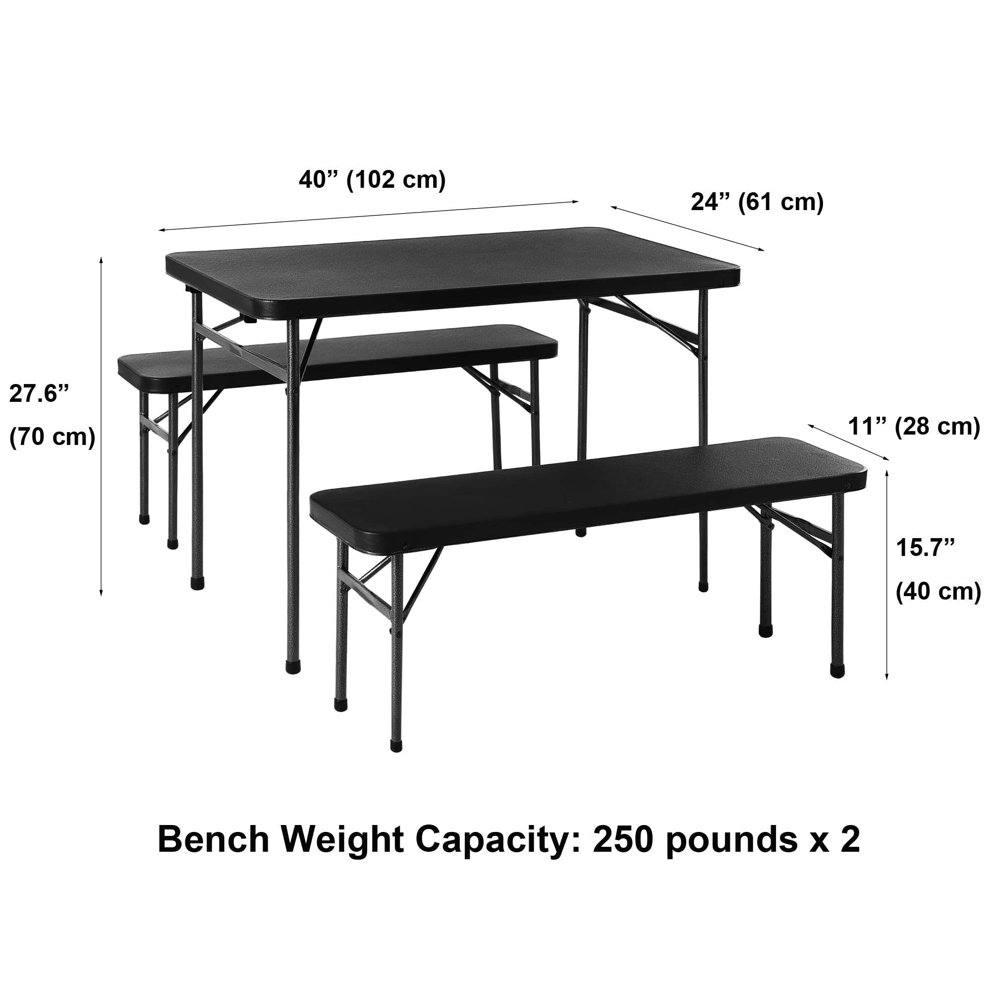 Maarch Folding Picnic Table with Benches, Foldable Camping Picnic Tables for Outdoors, 3-Piece Portable Picnic Table with Seats Set 40 Inches, Black