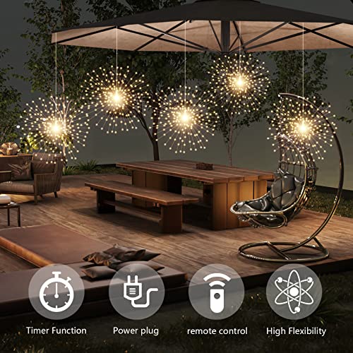 PXBNIUYA 5 Pack 1000LED Plug in Starburst Sphere Lights,Firework Lights 8 Modes Dimmable Remote Control Waterproof Hanging Fairy Light, Copper Wire Lights for Patio Party Tent Christmas (Warm White)