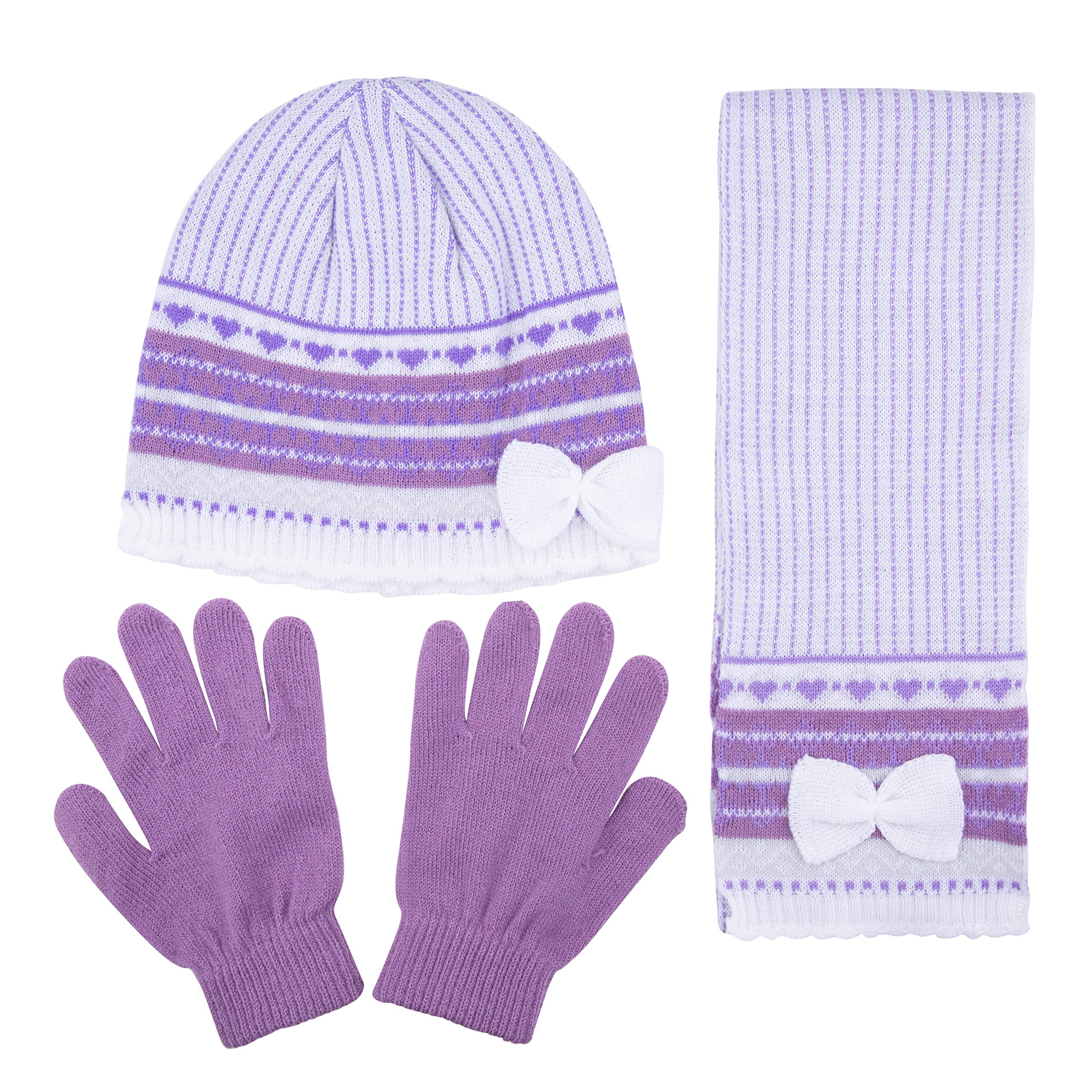 Kids Jacquard Knit Winter Hat with Bow, Scarf and Glove Set Lavender for Girls