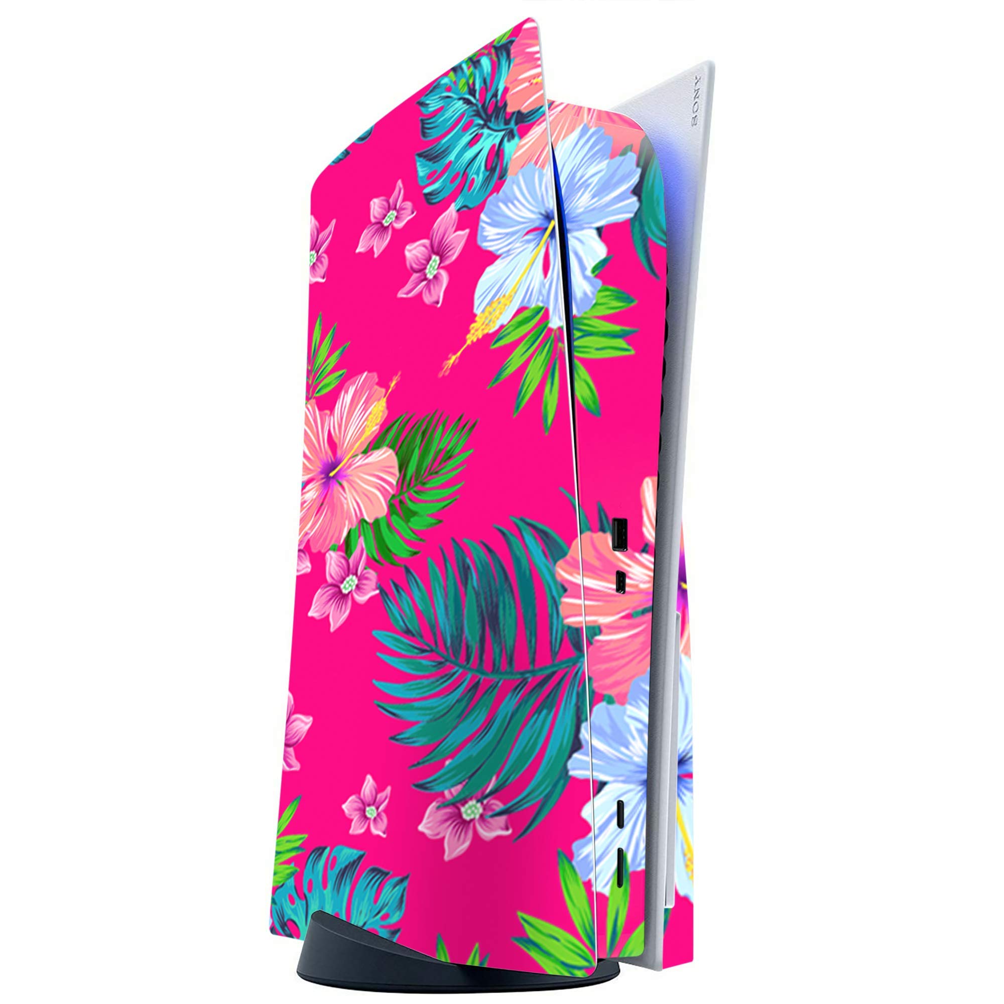 ITS A Skin Skins Compatible with Sony Playstation 5 Console Disc Edition - Protective Decal Overlay Stickers wrap Cover - Pink Neon Hibiscus Flowers
