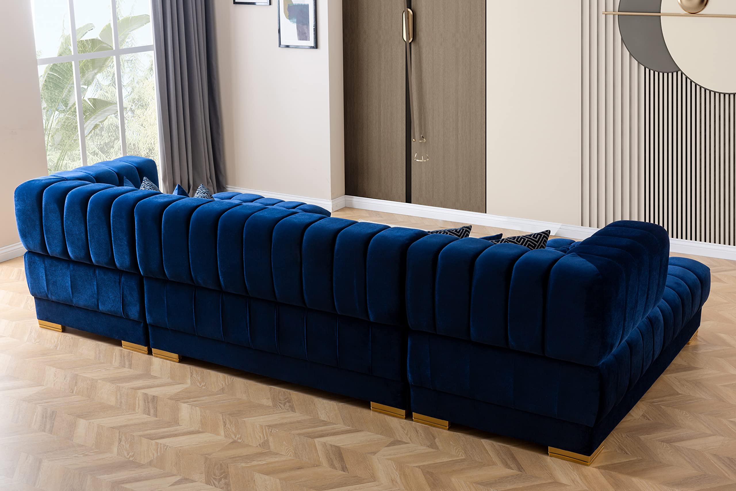 STAFFORA Sectional Sofa, Double Chaise Oversized U Shaped Couch, Ariana 7 Seater Velvet Sofa for Living Room (Blue)