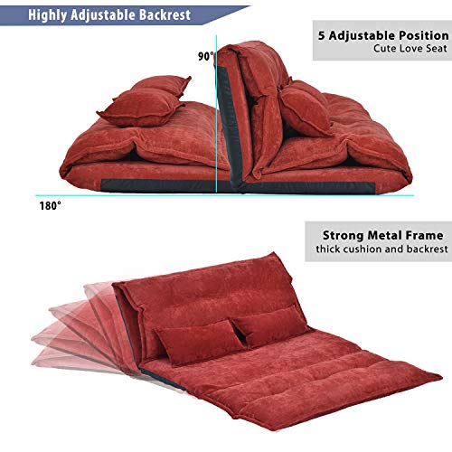 SYING88 Lazy Floor Sofa Adjustable Folding Futon Sofa Video Gaming Sofa with Two Pillows,Sleeper Bed Couch for Adults,for Bedroom Living Room Reading Gaming Small Spaces Apartment (Red)