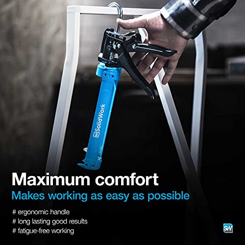 SolidWork Drip-Free Caulk Gun with Ergonomic Steel Handle, up to 1/10 Gallon Cartridge, Adjustable 24:1 or 12:1 Thrust Ratio 1/10 Gallon Cartridge | Blue Caulking Gun