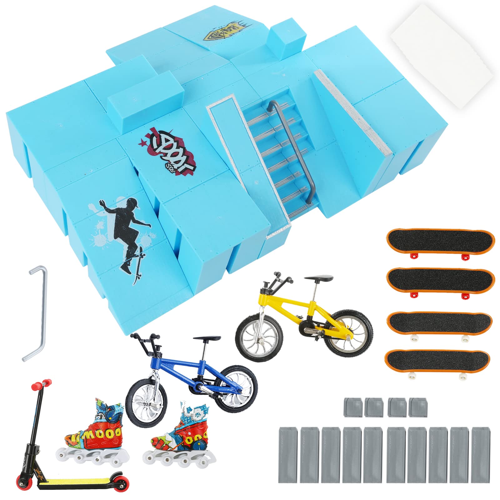 PLSOPPKG 8Pcs Skate Park Kit Ramp Parts for Finger Skateboard Park Kit Part Training Props with Finger Skateboards Finger Bikes Skates Scooters and More(Blue)