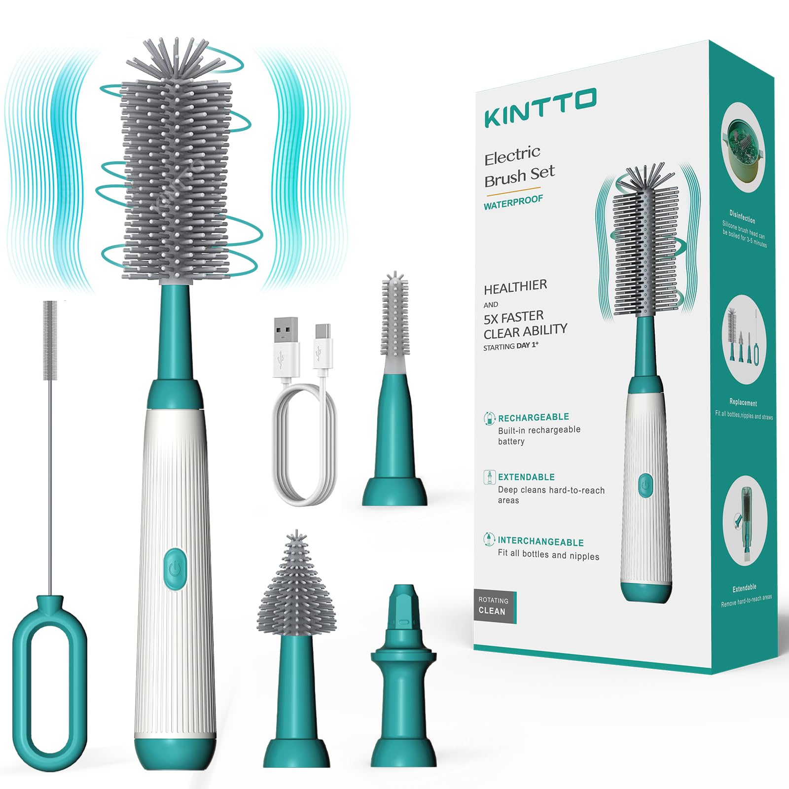 KINTTO Electric Bottle Brush Cleaner with Rechargeable, Cleaning for Baby/Water/Wine/Thermos Bottles, Waterproof 2 Nipple and Straw Silicone Brush 1500mAh