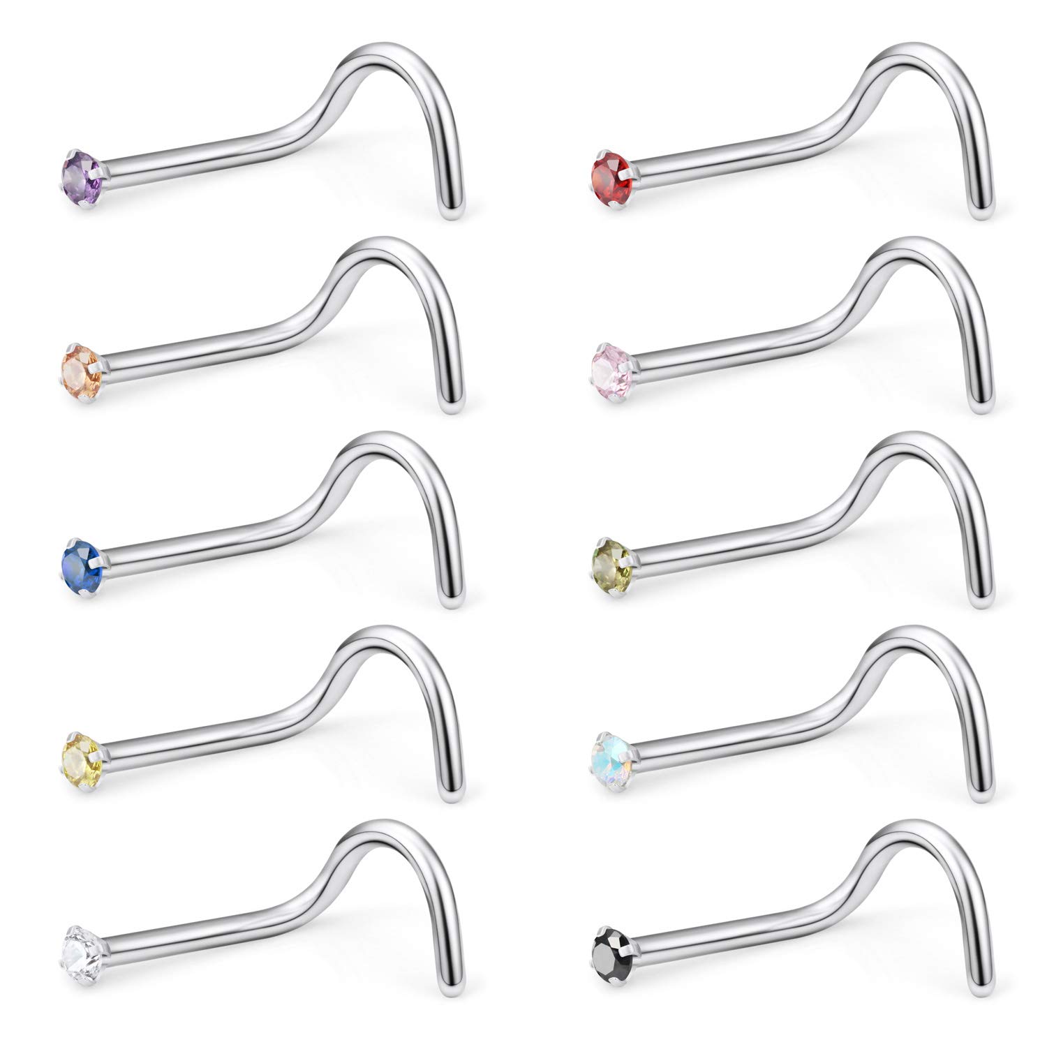 Lcolyoli Nose Rings Screw 18 Gauge Surgical Steel Nose Studs Crystal Hypoallergenic Body Piercing Jewelry 1.5MM Diamond CZ 14 Pieces Silver-tone