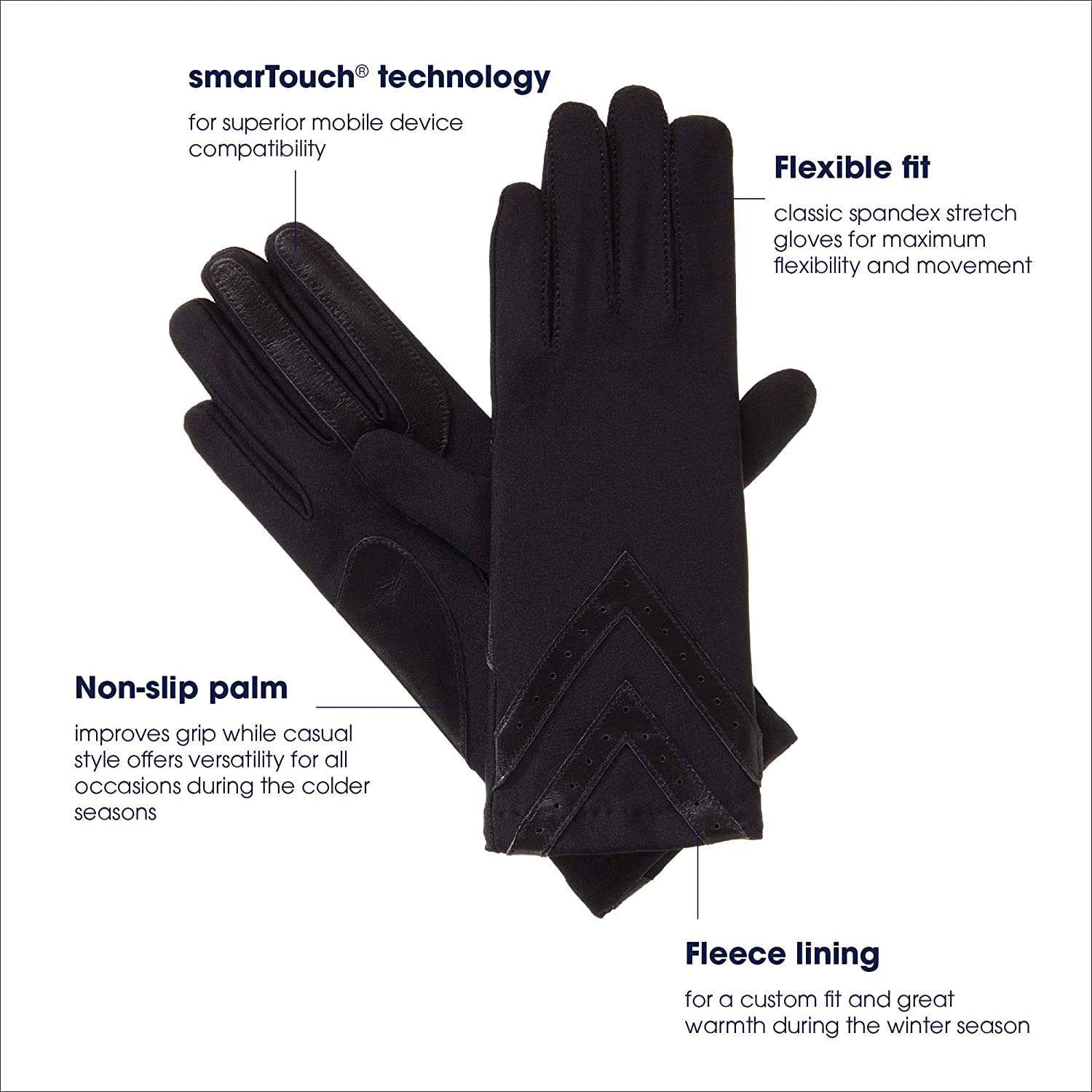 isotoner womens Spandex Touchscreen Cold Weather With Warm Fleece Lining and Chevron Details Winter Gloves, Black, Large X-Large US