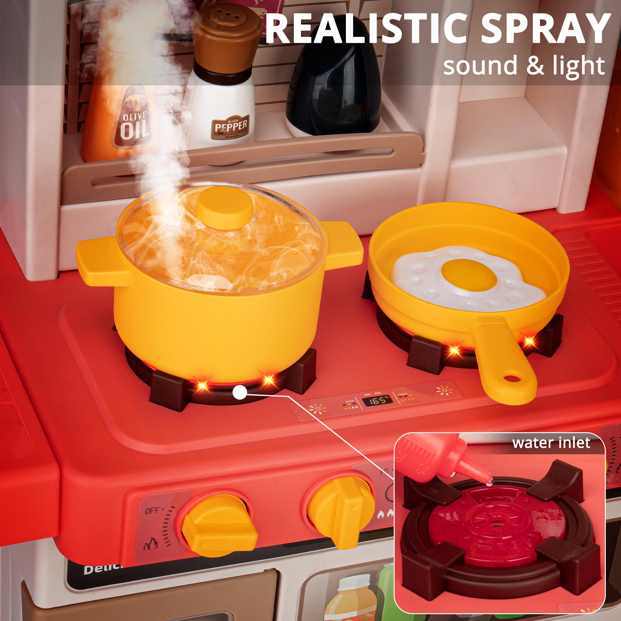 Kids Play Kitchen, Spraying Mist Kitchen Playset with 50+ Pcs Accessories for Toddlers, Interactive Toy Kitchen Set for Girls and Boys Aged 3 4 5 6 7 8 9, Red