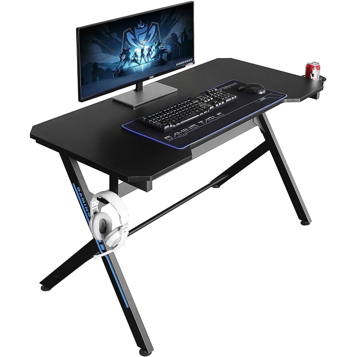 JJS 48" Home Office Gaming Computer Desk with Cable Management, R Shaped Large Gamer Workstation PC Table with Cup Holder Headphone Hook Mouse Pad, Black Manufacturer Brand Name