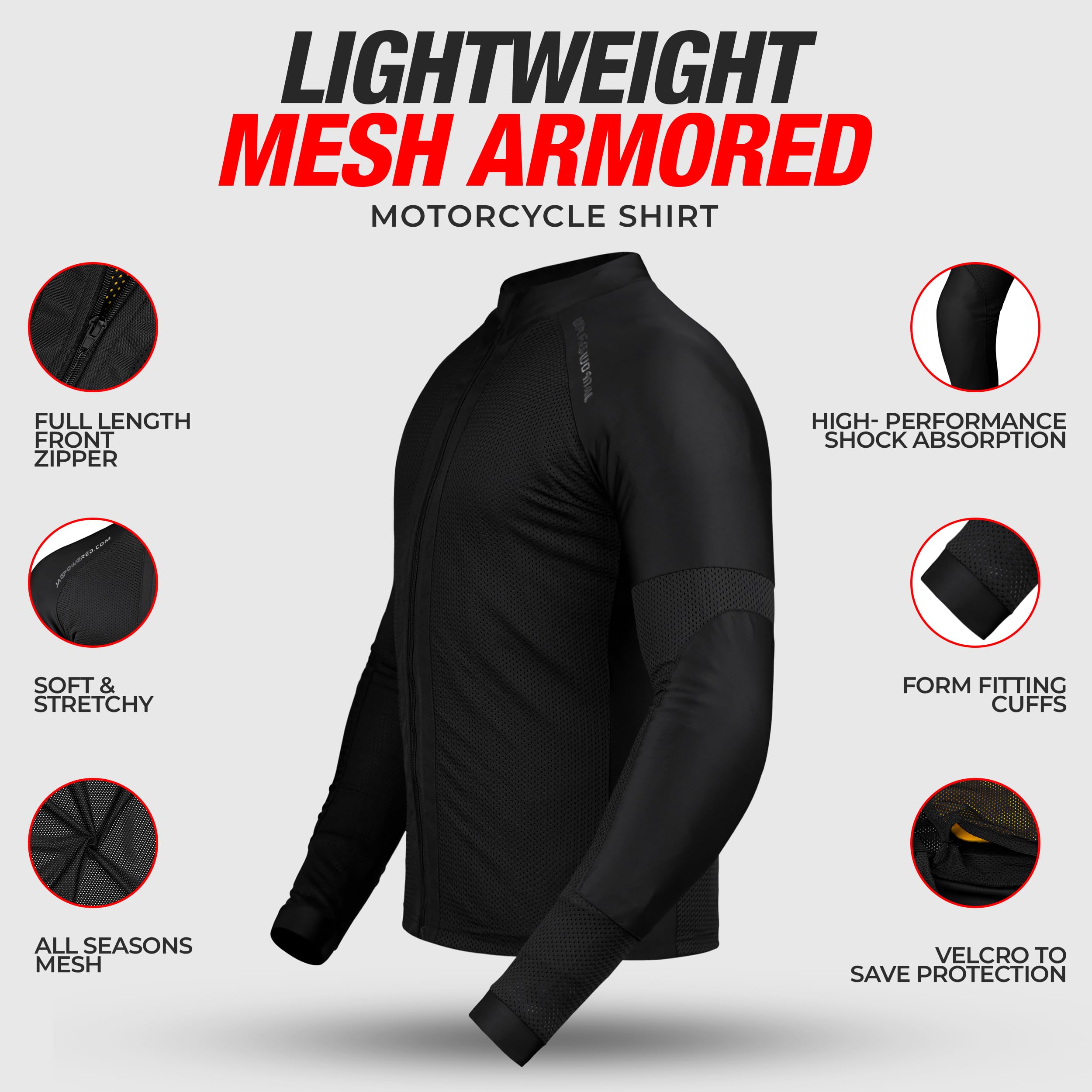 J.A.G. Mesh Motorcycle Shirt for Men with Protective C E Level 2 Padded Shields (US, Alpha, X-Large, Regular, Regular, Black)