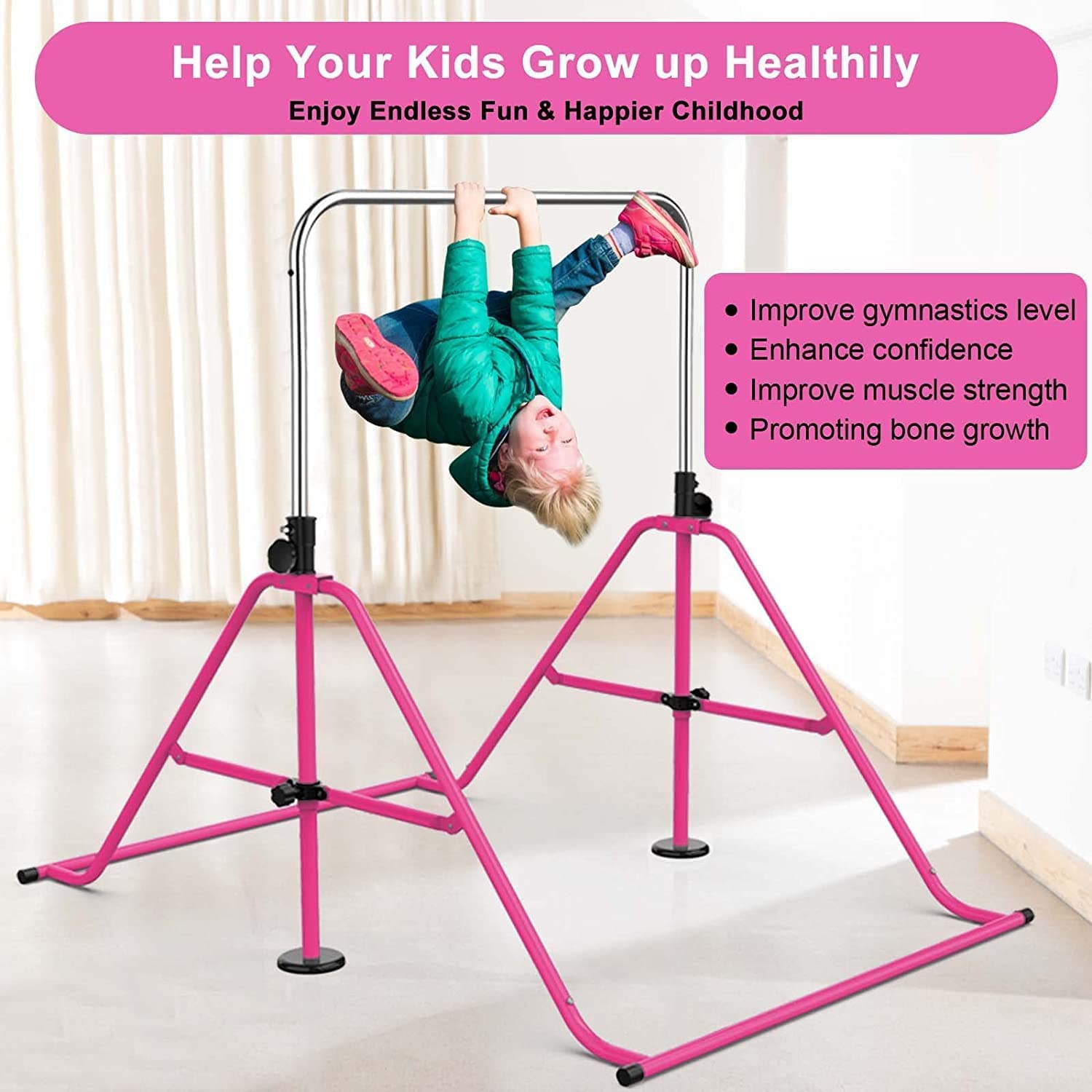 RAVS Gymnastics Bar for Kids with Swing Set, 8 Heights Adjustable Easy Folding Gymnastic Training Bar Kids Monkey Horizontal Bars - Max Load 300LBS (Small-Pink)