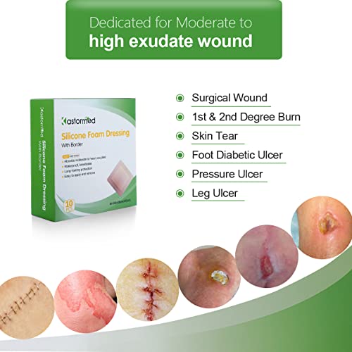 kastormed Silicone Adhesive Foam Dressing with Gentle Border 4''x4'' 10 Pack, High Absorbency Foam Wound Bandage for Bed Sore, Leg Ulcer, Diabetic Ulcer