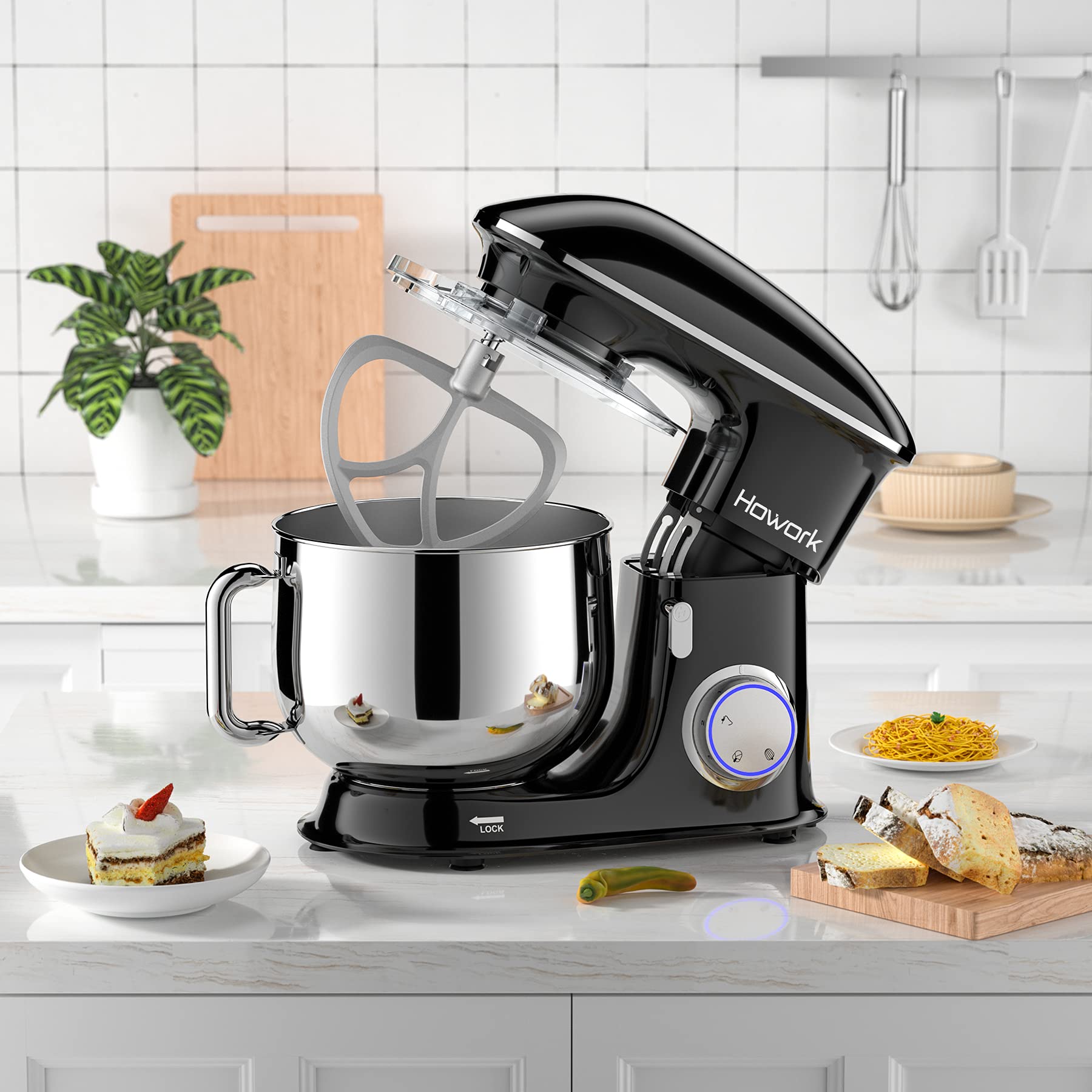 HOWORK 8.5QT Stand Mixer, 660W 6+P Speed Tilt-Head, Electric Kitchen Mixer With Dishwasher-Safe Dough Hook, Beater, Wire Whip & Pouring Shield (8.5 QT, Red)