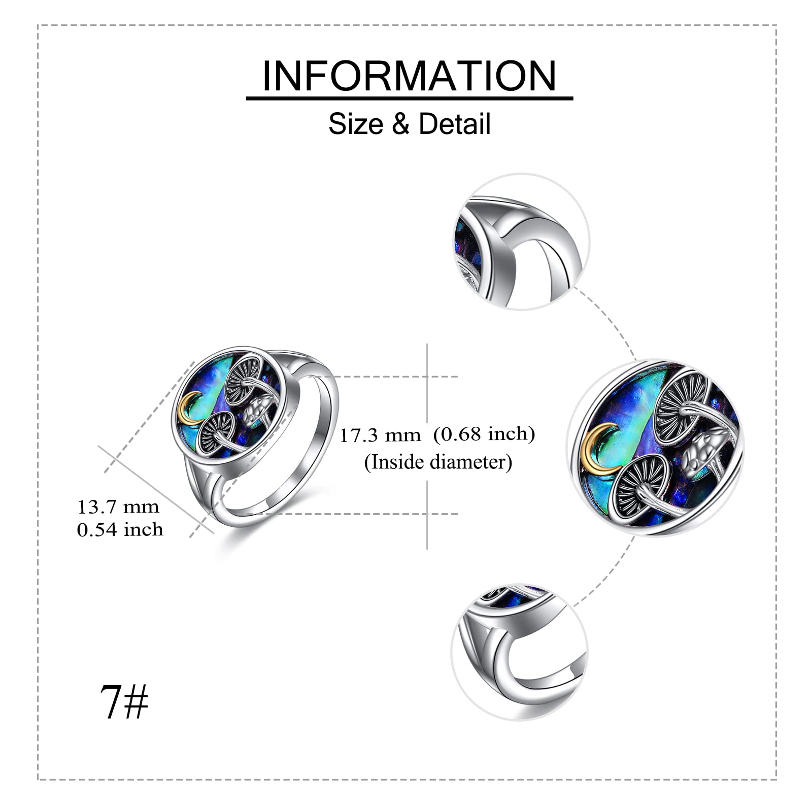 ONEFINITY Magical Mushroom Rings S925 Sterling Silver Abalone Shell Mushroom Moon Ring Birthday Gifts For Women