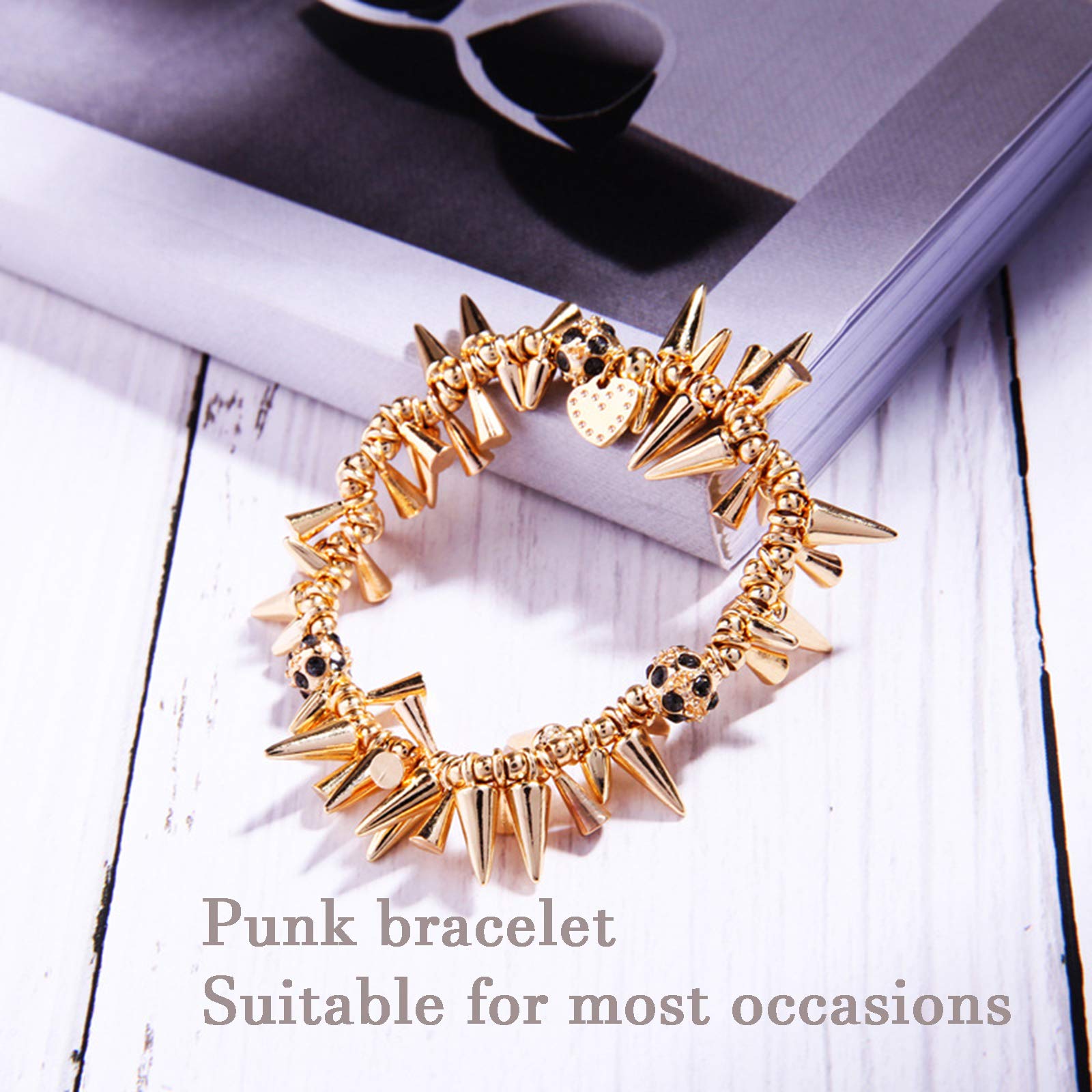 MINIDUO Rivet Punk Bracelet,Alloy Stretch Spike Studded Rivets Exaggerated Bracelet Jewelry for Women Gold