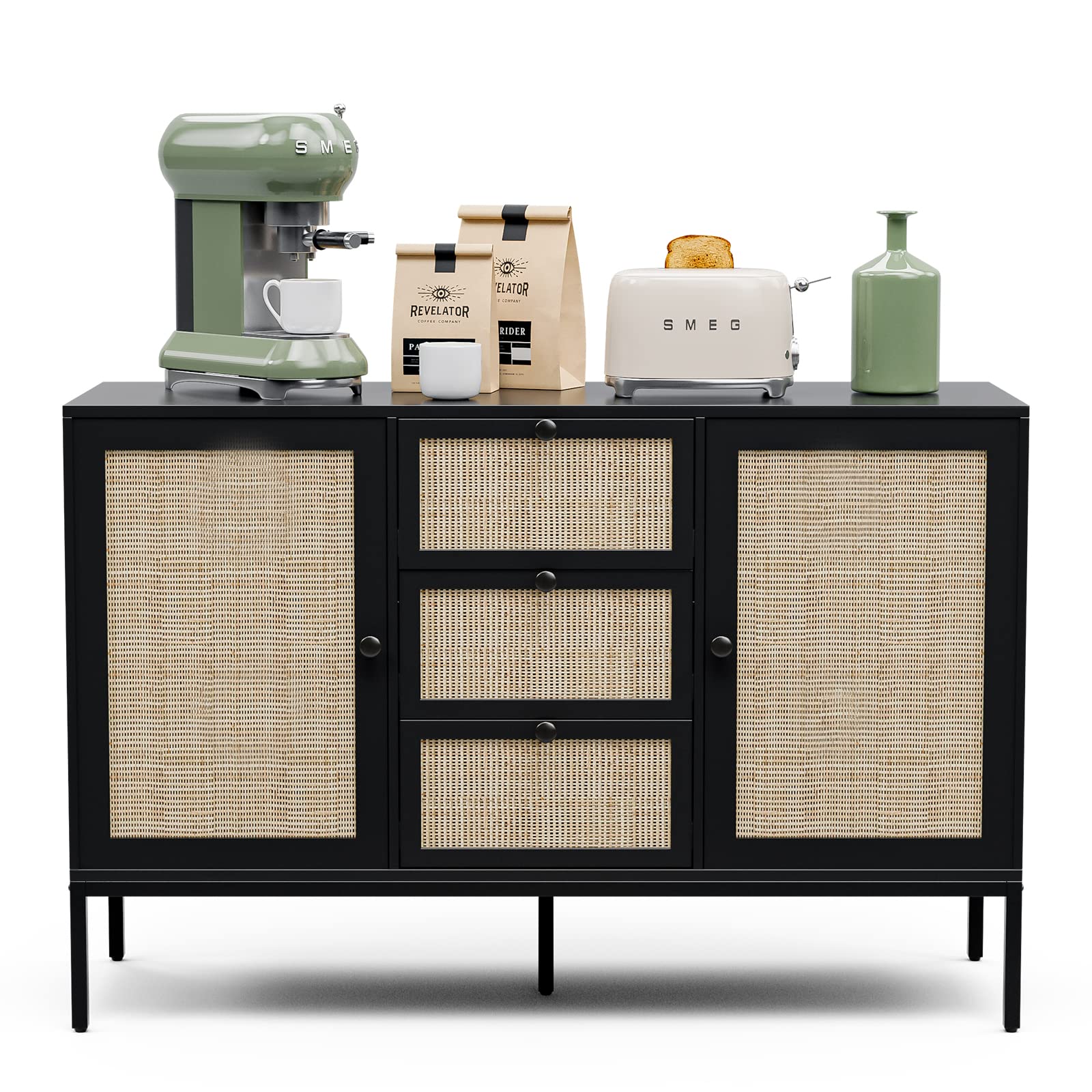 IKIFLY LED Sideboard Buffet Cabinet with 3 Drawers & 2 Doors, Modern Kitchen Rattan Storage Cabinet for Dining Room, Kitchen, Living Room, Entryway