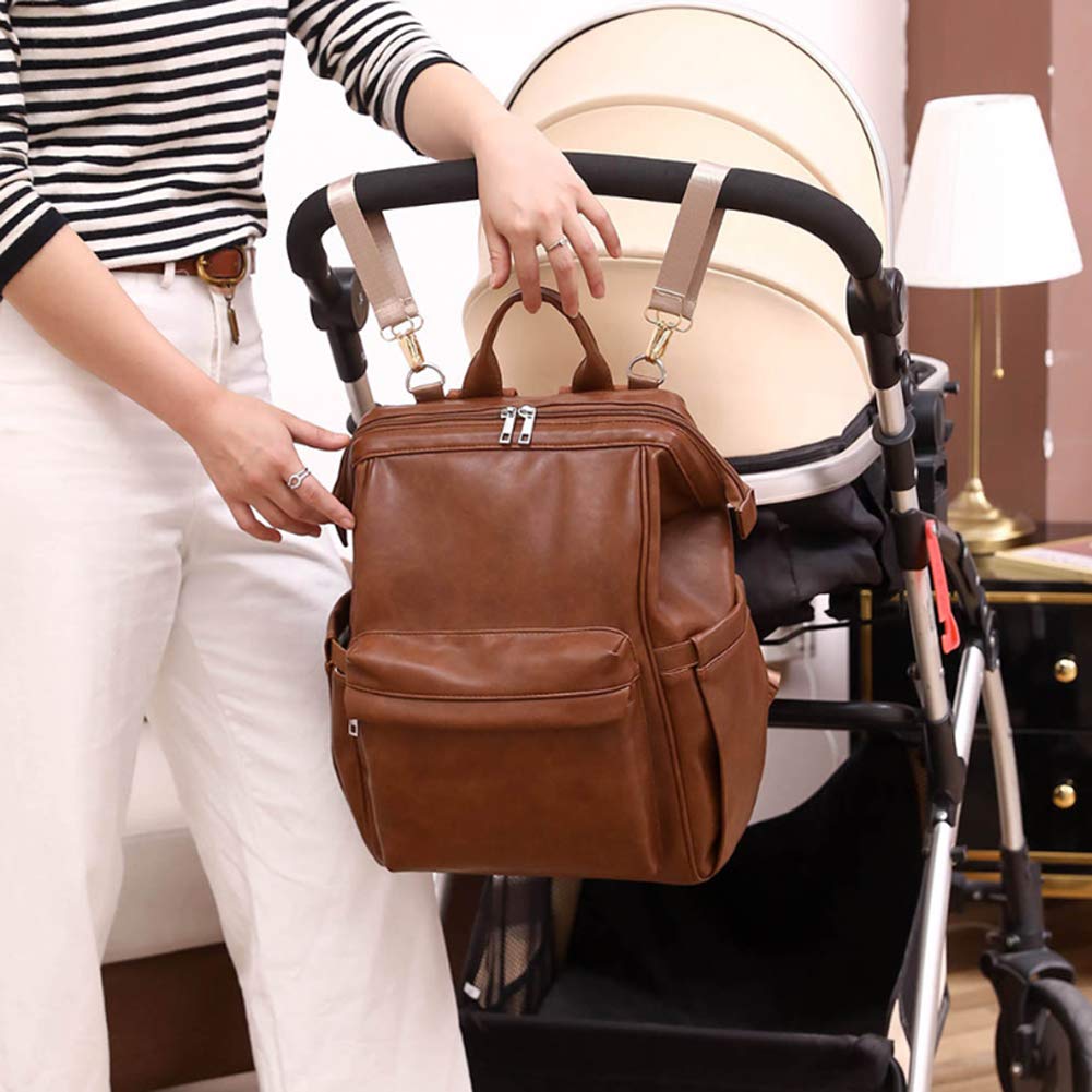 LCY PU Leather Large Backpack Baby Diaper Bag Set-Brown