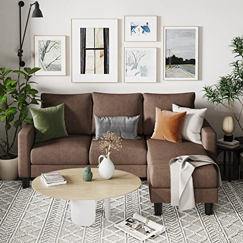 YESHOMY Convertible Sectional 3 L-Shaped Couch Soft Seat with Modern Linen Fabric, Small Space Sofas for Living Room, Apartment and Office, 70'', Brown