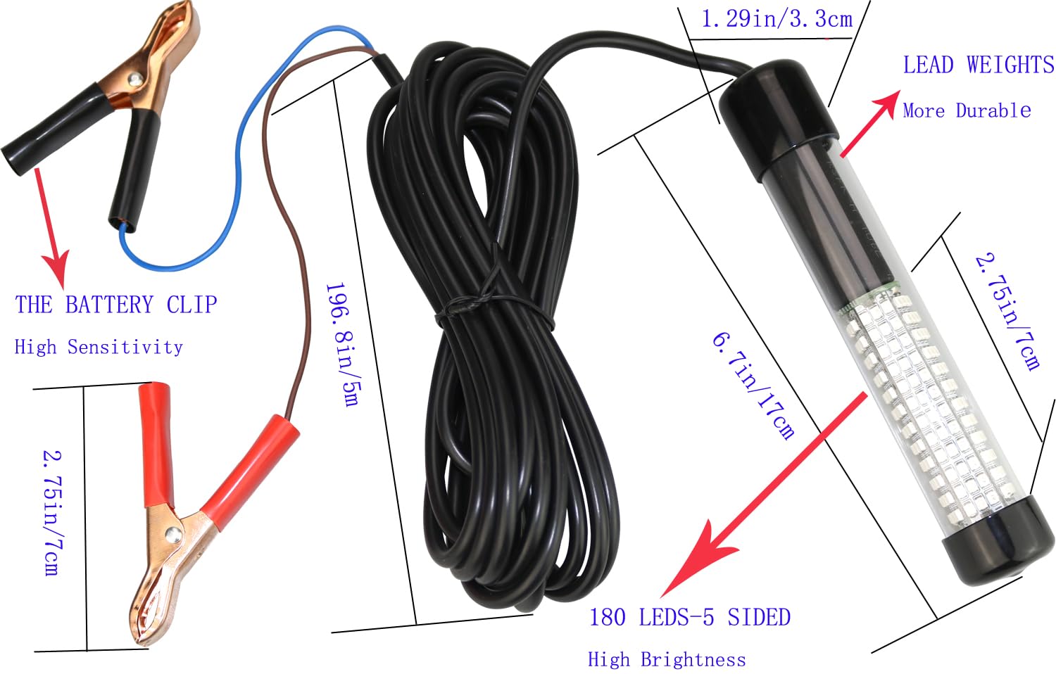 Lightingsky 12V 14W 180 LEDs 1300 Lumens LED Submersible Fishing Light Underwater Fish Finder Lamp with 5m Cord (White)