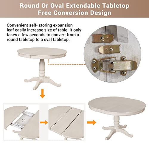 VilroCaz Modern Dining Table Set for 4, Expandable 42'' Round Dining Table and 4 Upholstered Chairs, Solid Wood 5 Piece Kitchen Dining Room Table Set, Home Family Breakfast Set (Antique White-R)