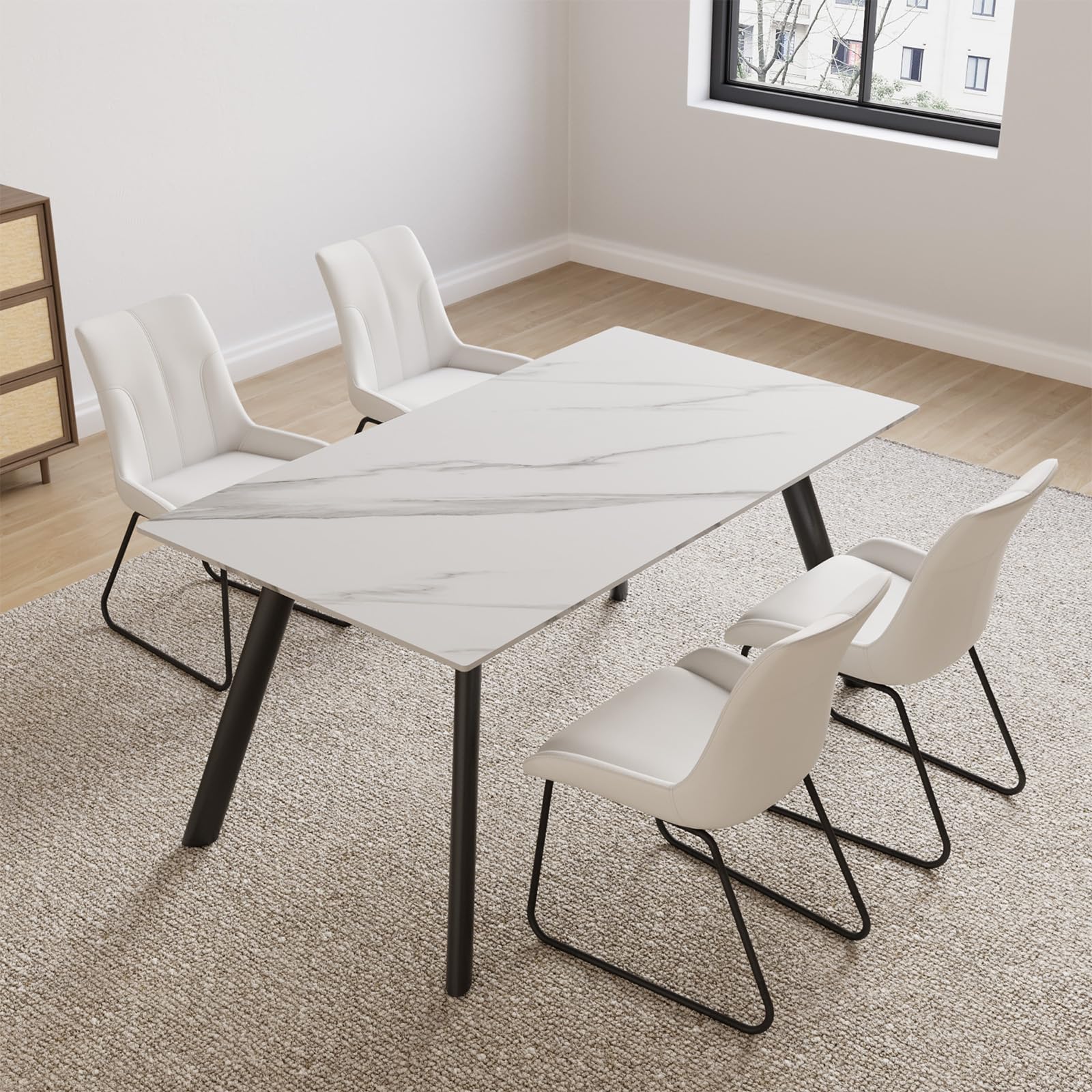 HIPIHOM Modern Dining Table Set for 4, Rectangular White Dining Sintered Stone Table and Chairs Set 4 for Home, Kitchen, Living Room, Dining Room (Table+4 Off-white Chairs)