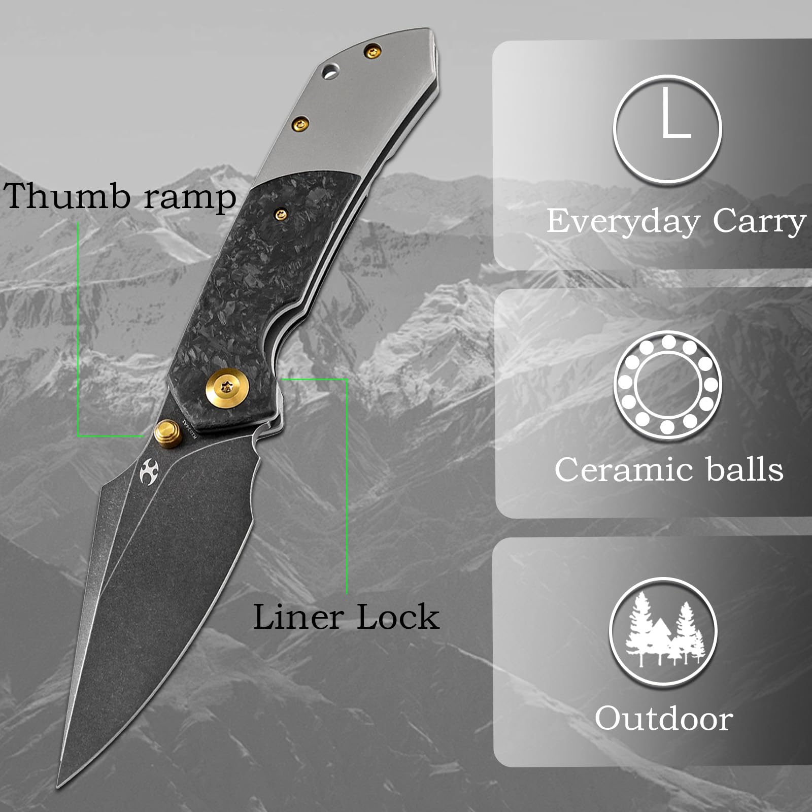 KANSEPT Fenrir Pocket Folding Knives for Men Women EDC Camping Folding Knives 3.48'' CPM-S35VN Blade with Shred Carbon Fiber Titanium Handle Everyday Carry K1034A1