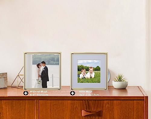 YiPinYin 4x4'' Sqaure Gold Metal Picture Frame With Mat for 3x 3'' Set of 2, Narrow Plated Metal Photo Frames 3x3'' With Soft Touch Velvet Backing for Desktop